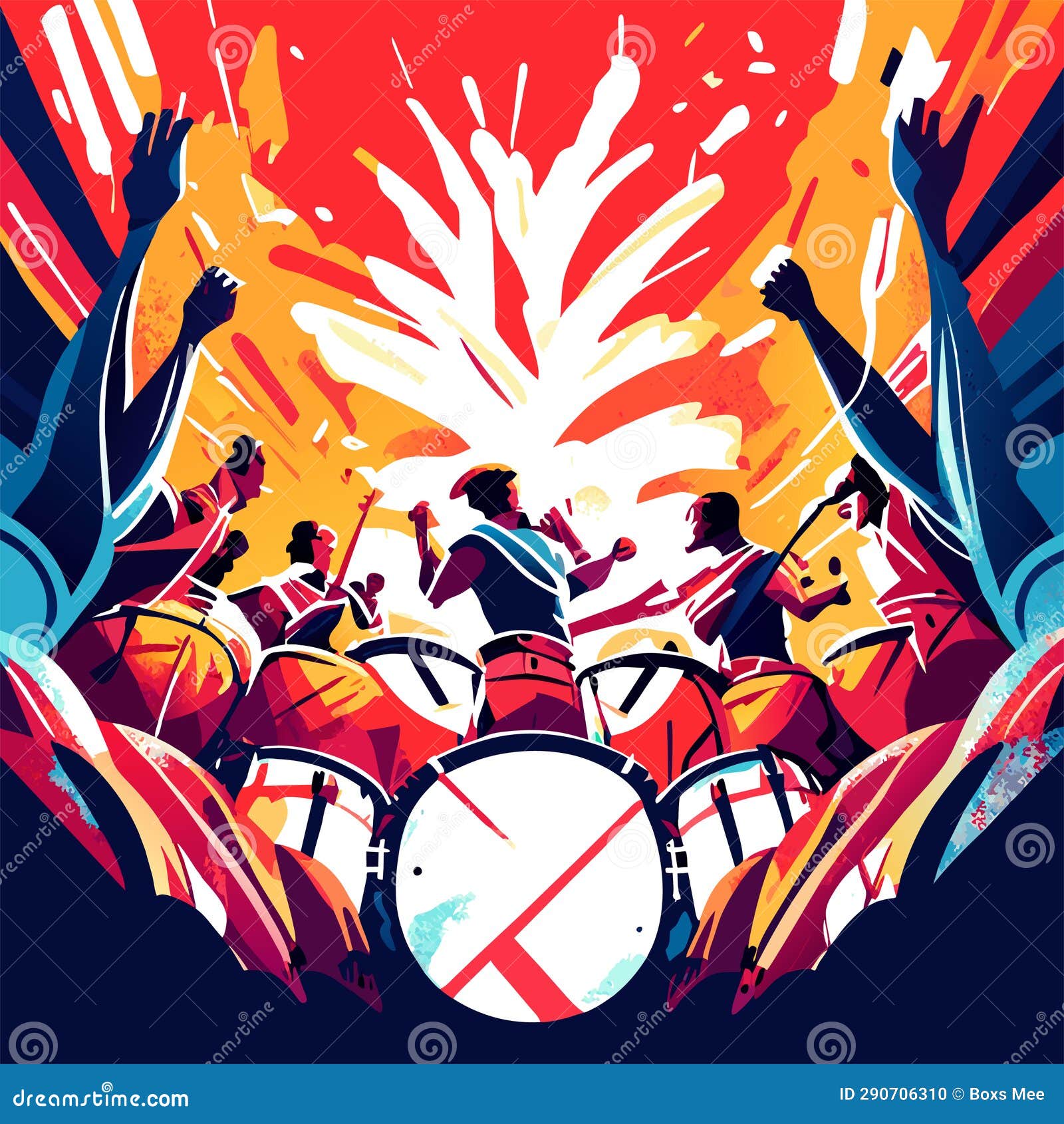 Concert with Drummers and Fireworks. Vector Illustration in a Flat ...