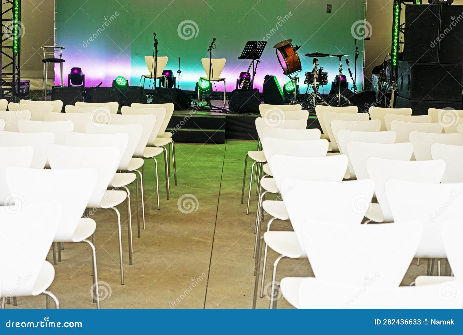 Concert Music Stage before Performance with White Chairs. Stock Image ...