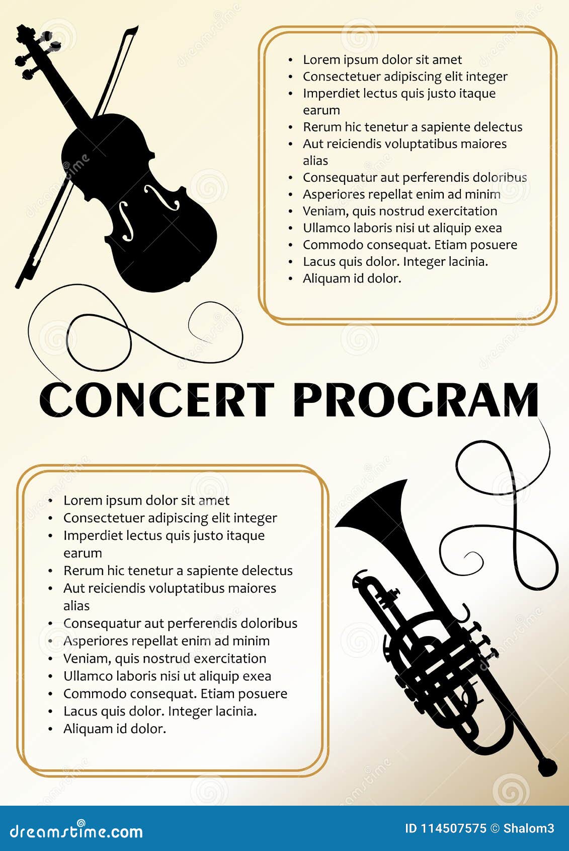 Concert Program Template with Violin and Trumpet Silhouette, Text ...