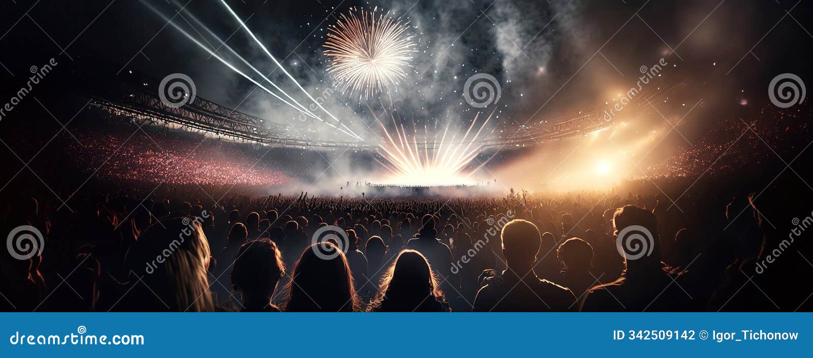 A Concert in a Stadium with Fireworks Illuminating the Sky and a Crowd ...