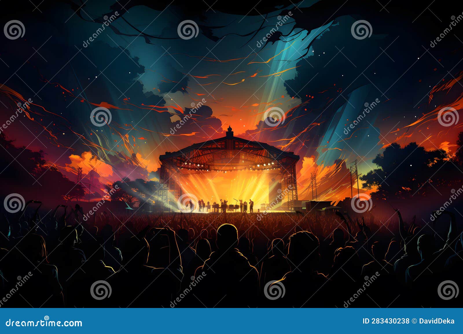 Concert Stage and Crowd in Front of it. Vector Illustration. Stock ...