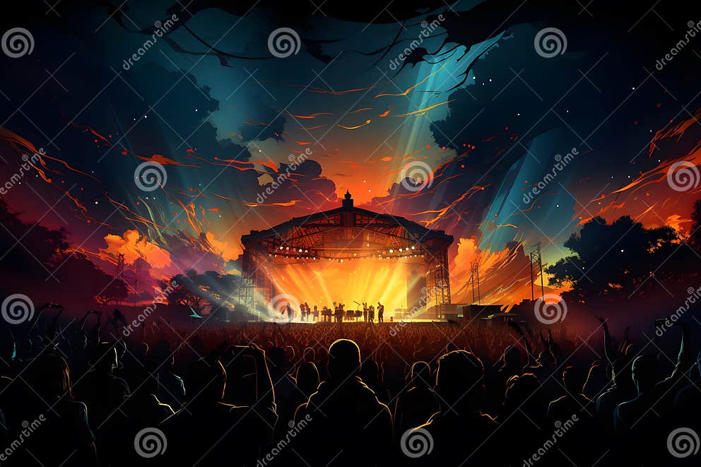 Concert Stage and Crowd in Front of it. Vector Illustration. Stock ...