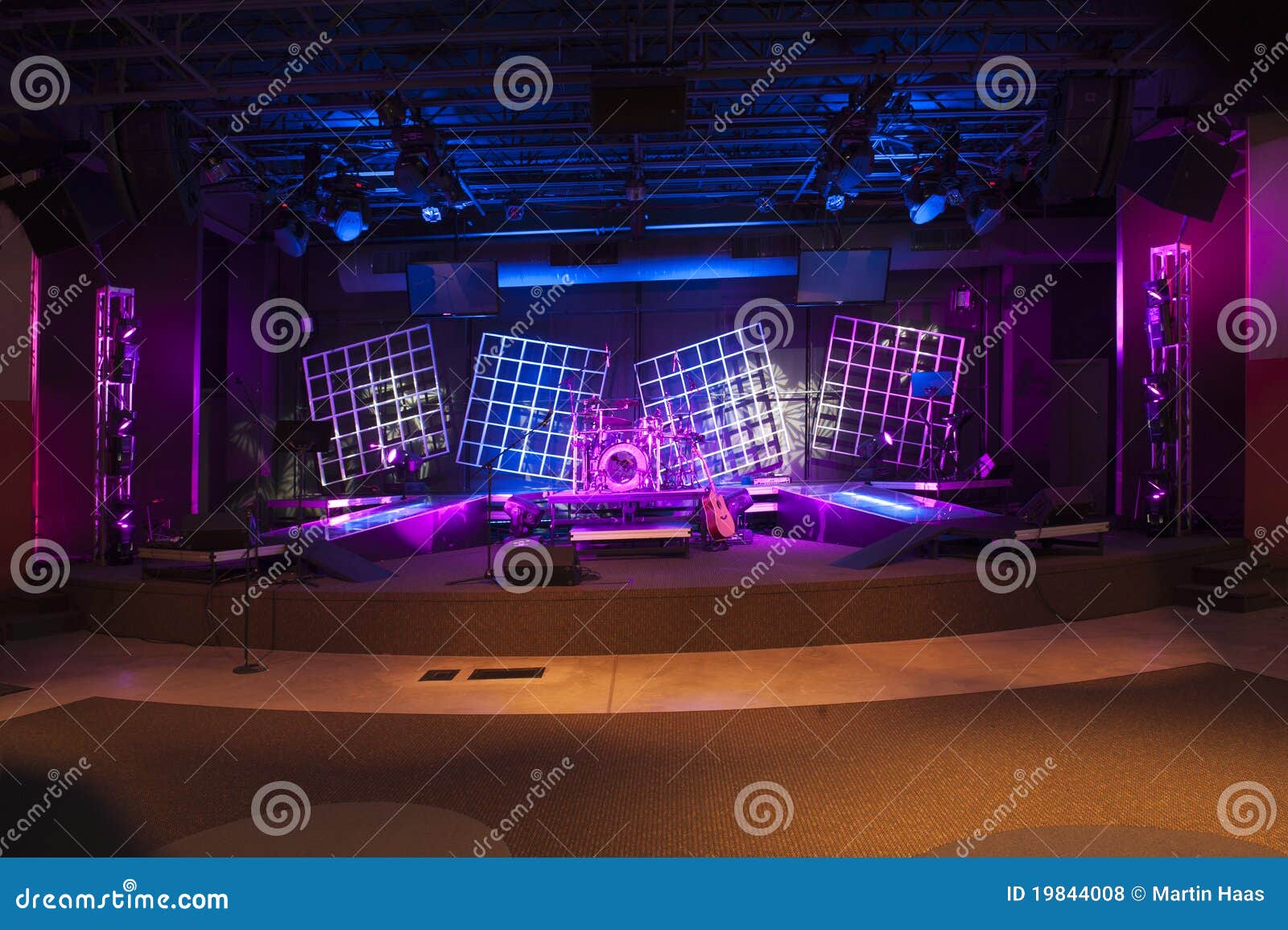 Concert Stage Lit and Ready Stock Photo - Image of lighting, monitor ...