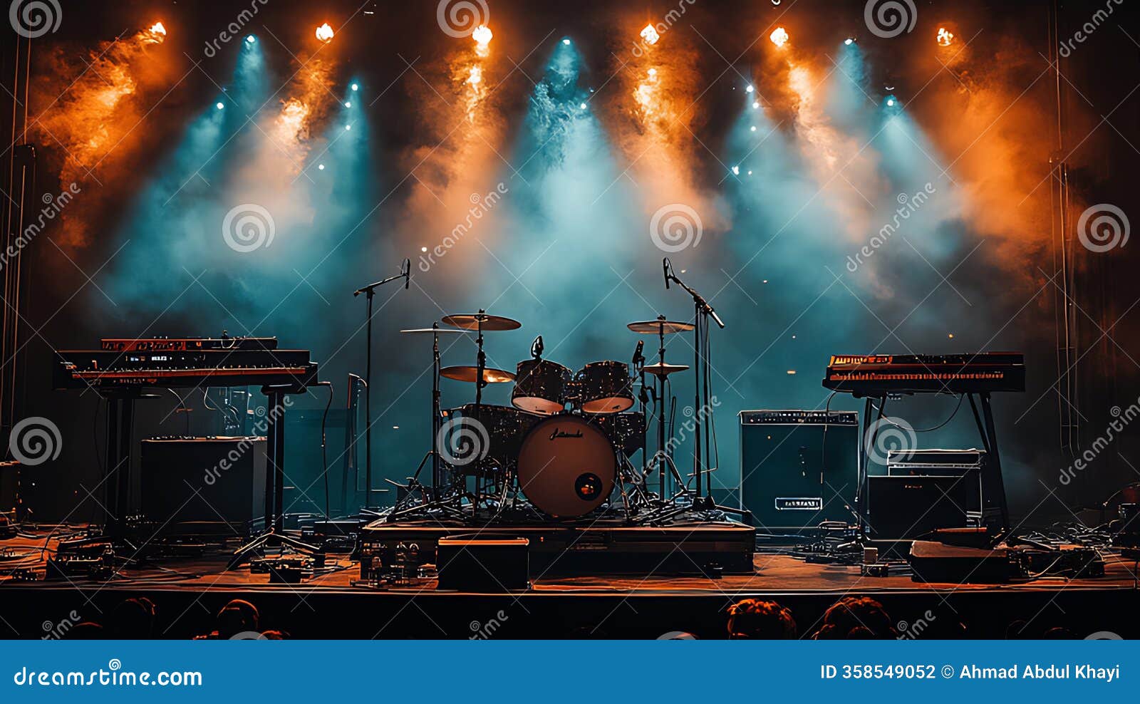 Concert Stage Setup with Drum Kit, Keyboards, and Lighting Stock ...