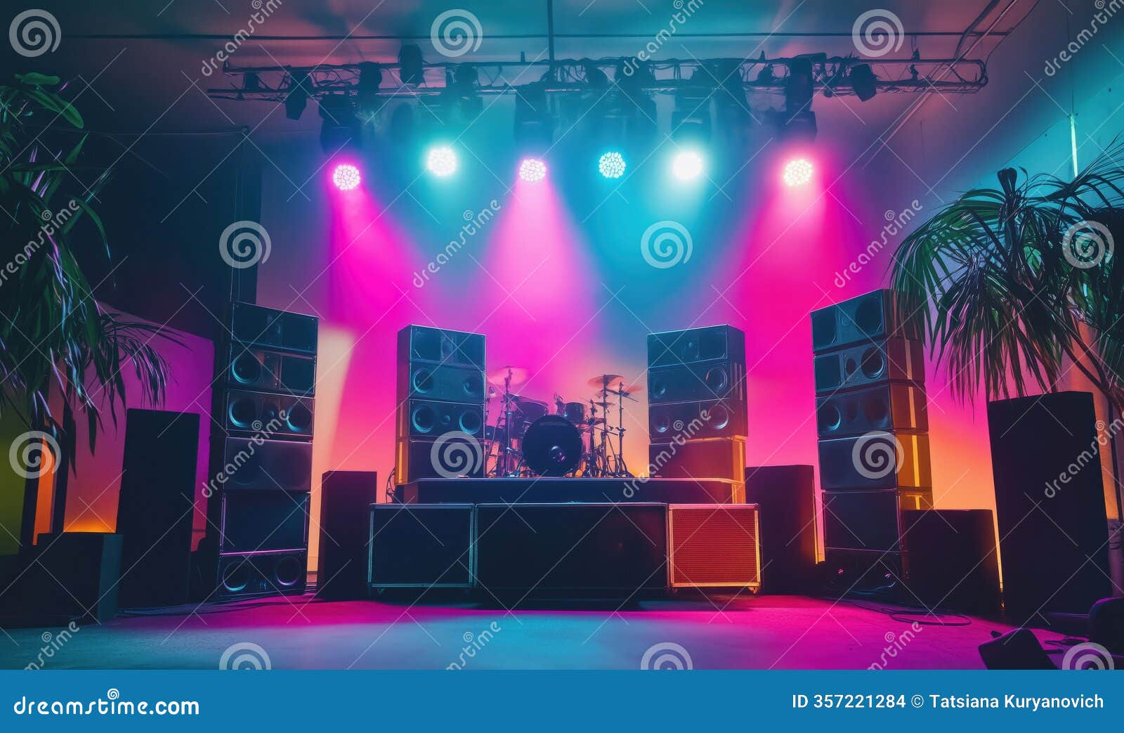 Concert Stage Setup with Speakers and Drum Kit, Vibrant Lighting ...