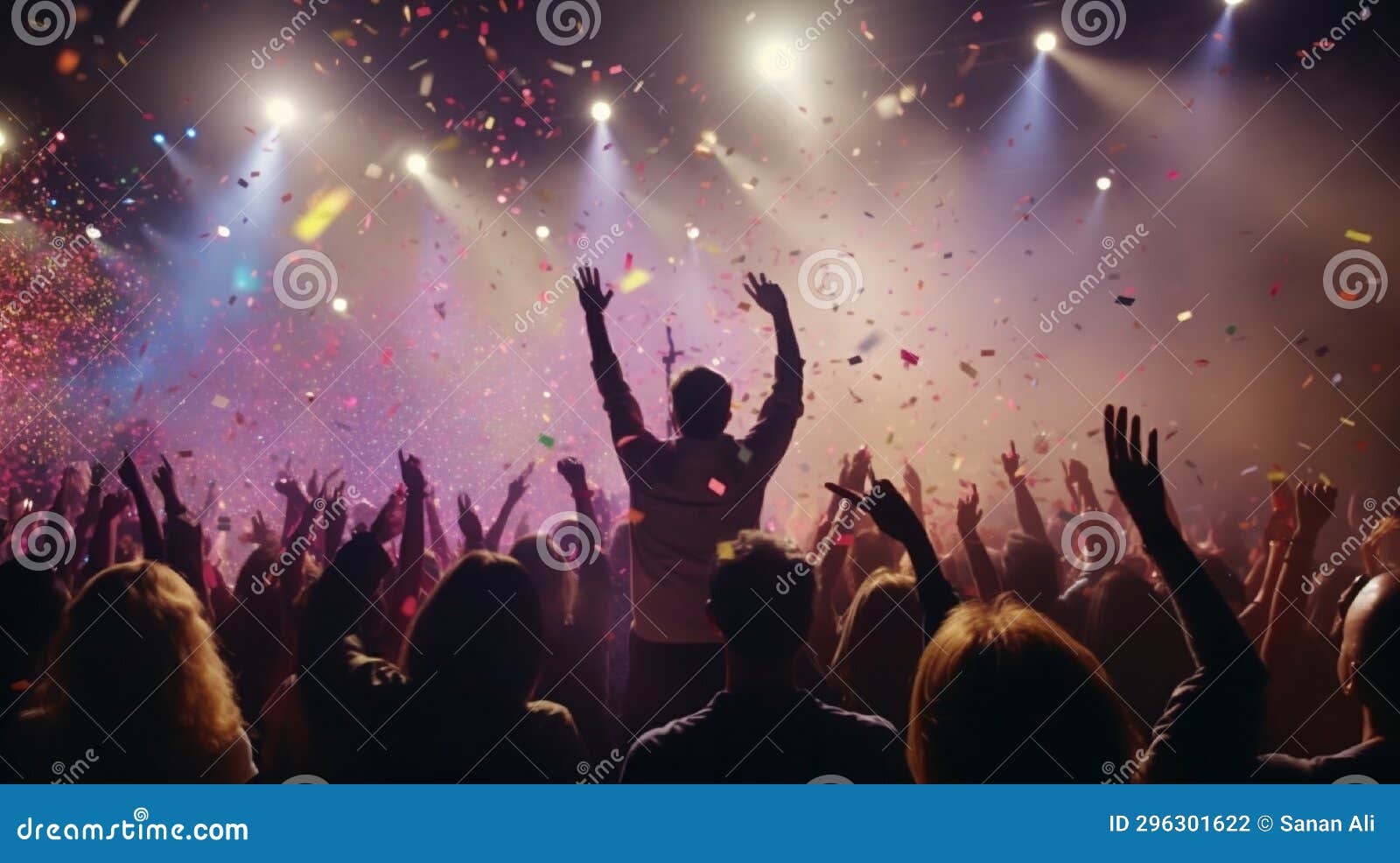 Concertgoers with Confetti and Vivid Stage Lights Stock Illustration ...