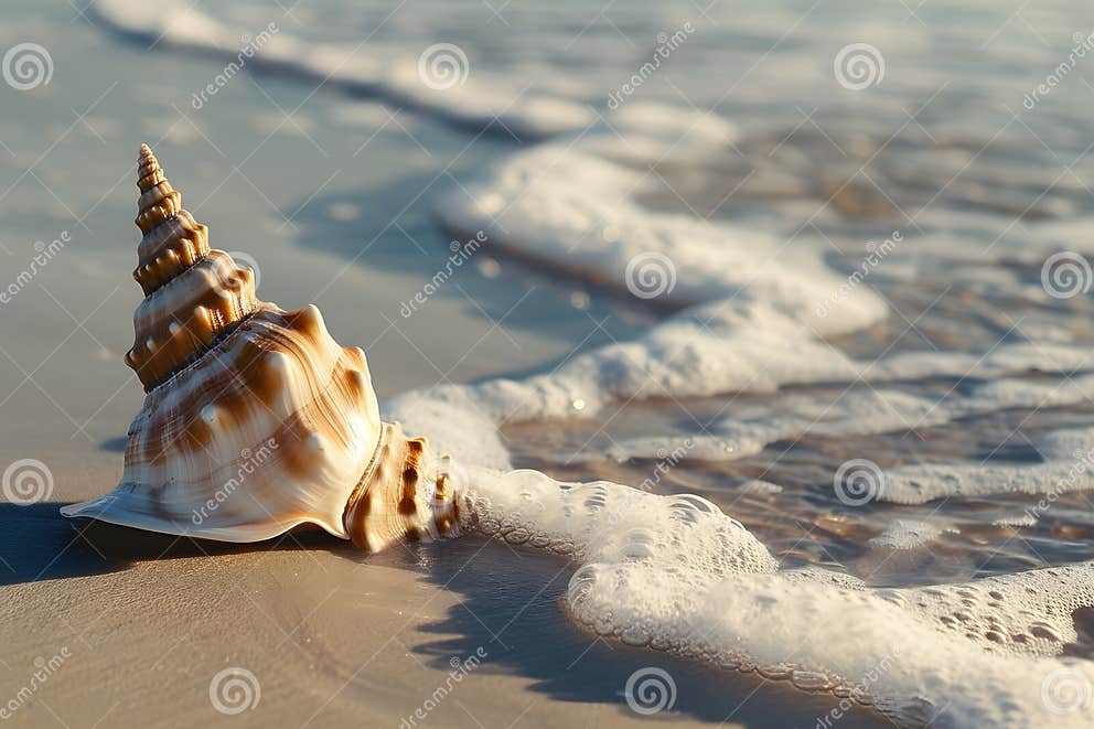 Conch Shell on Sandy Beach with Waves and Blurred Background Stock ...
