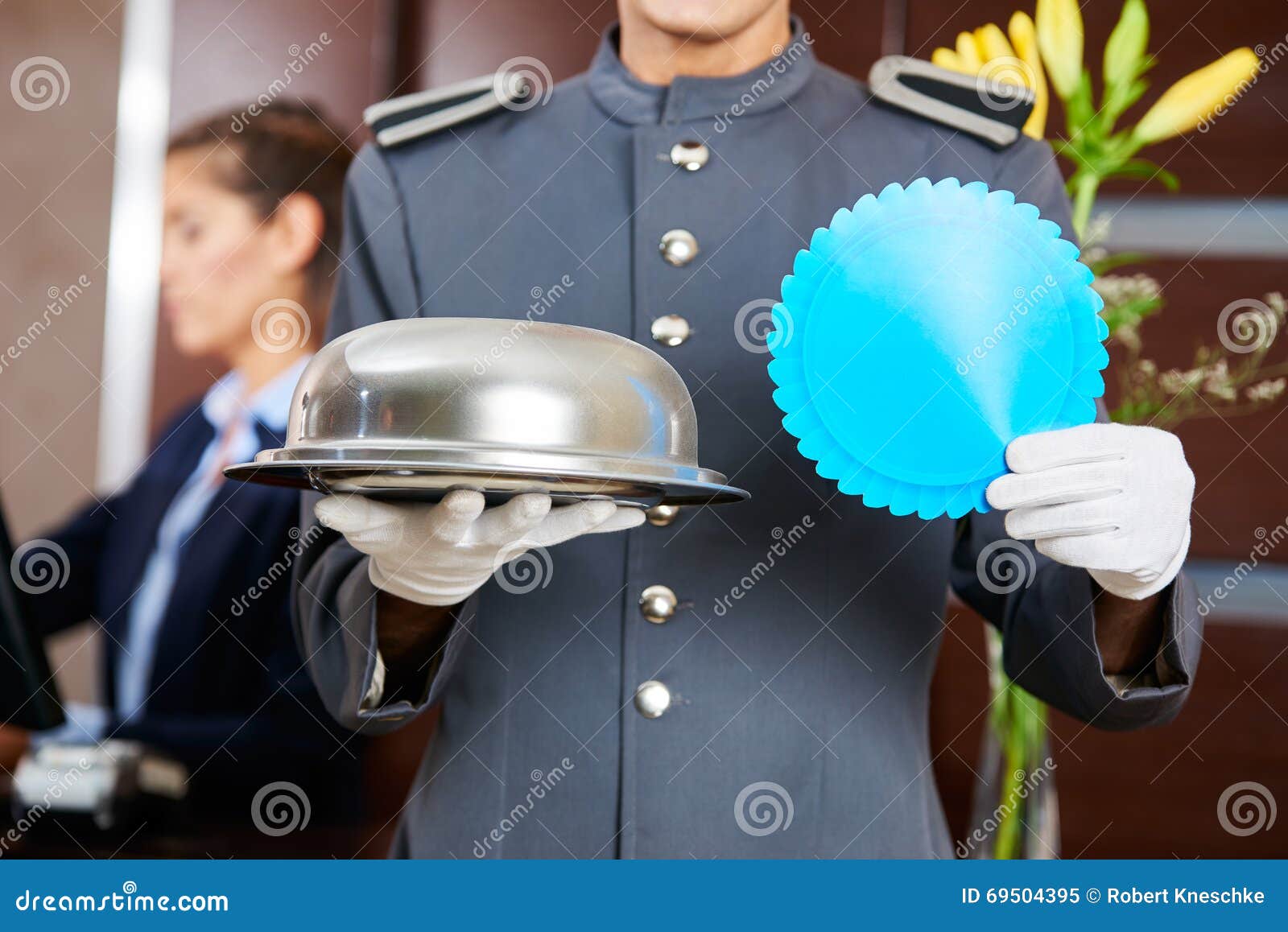 Concierge in Hotel with Advertising Badge Stock Image - Image of hold ...