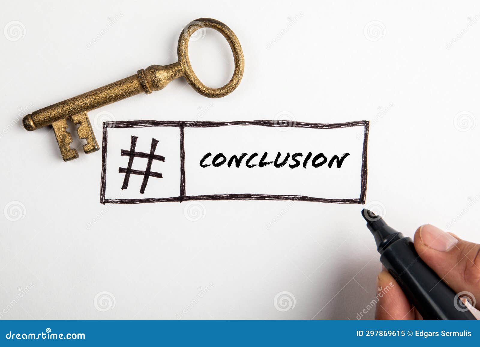 Conclusion Concept. Text and Gold Key on White Background Stock Image ...