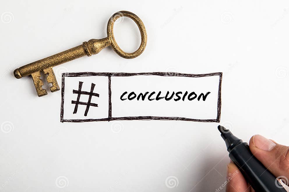 Conclusion Concept. Text and Gold Key on White Background Stock Image ...