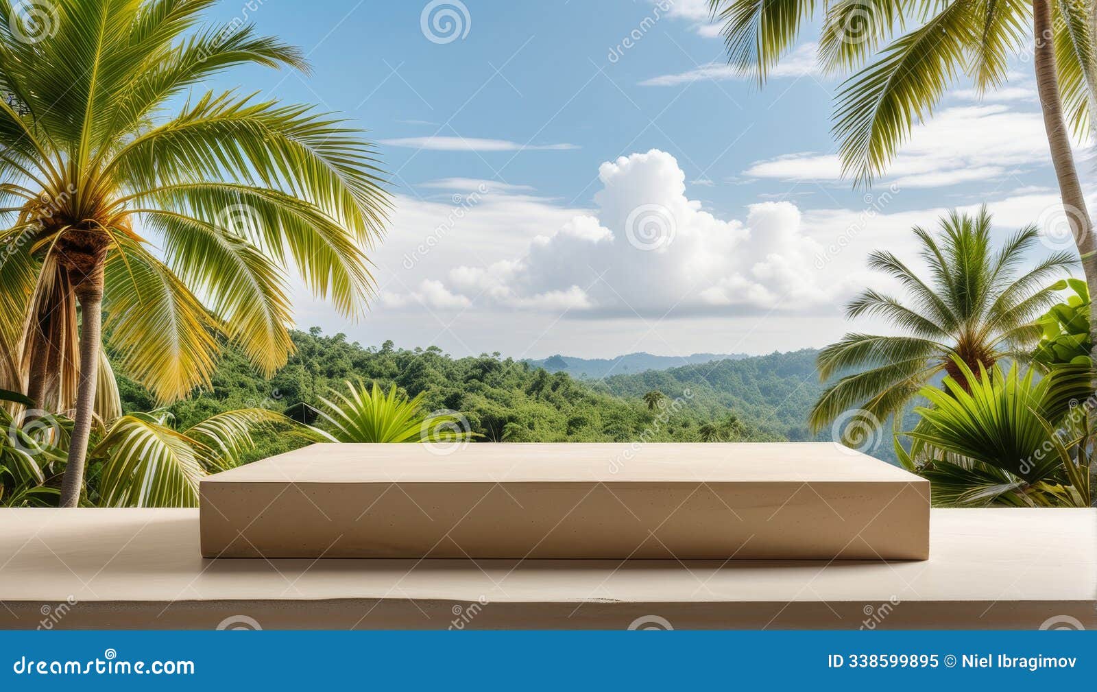 Beige Tabletop in Jungle Setting with Sky Background Stock Image ...