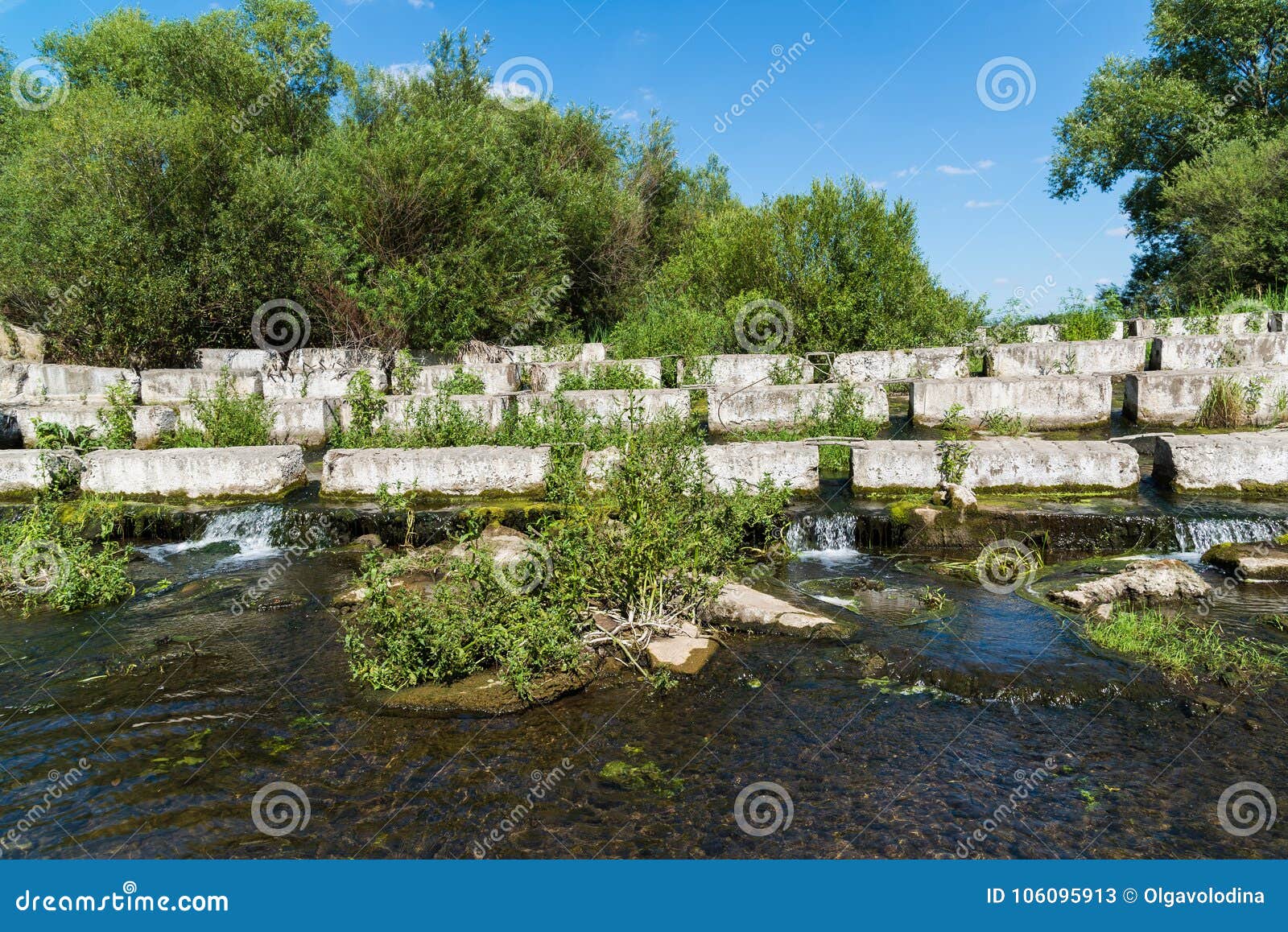 Concrete Blocks Lying on a Small River - Dam Stock Image - Image of ...
