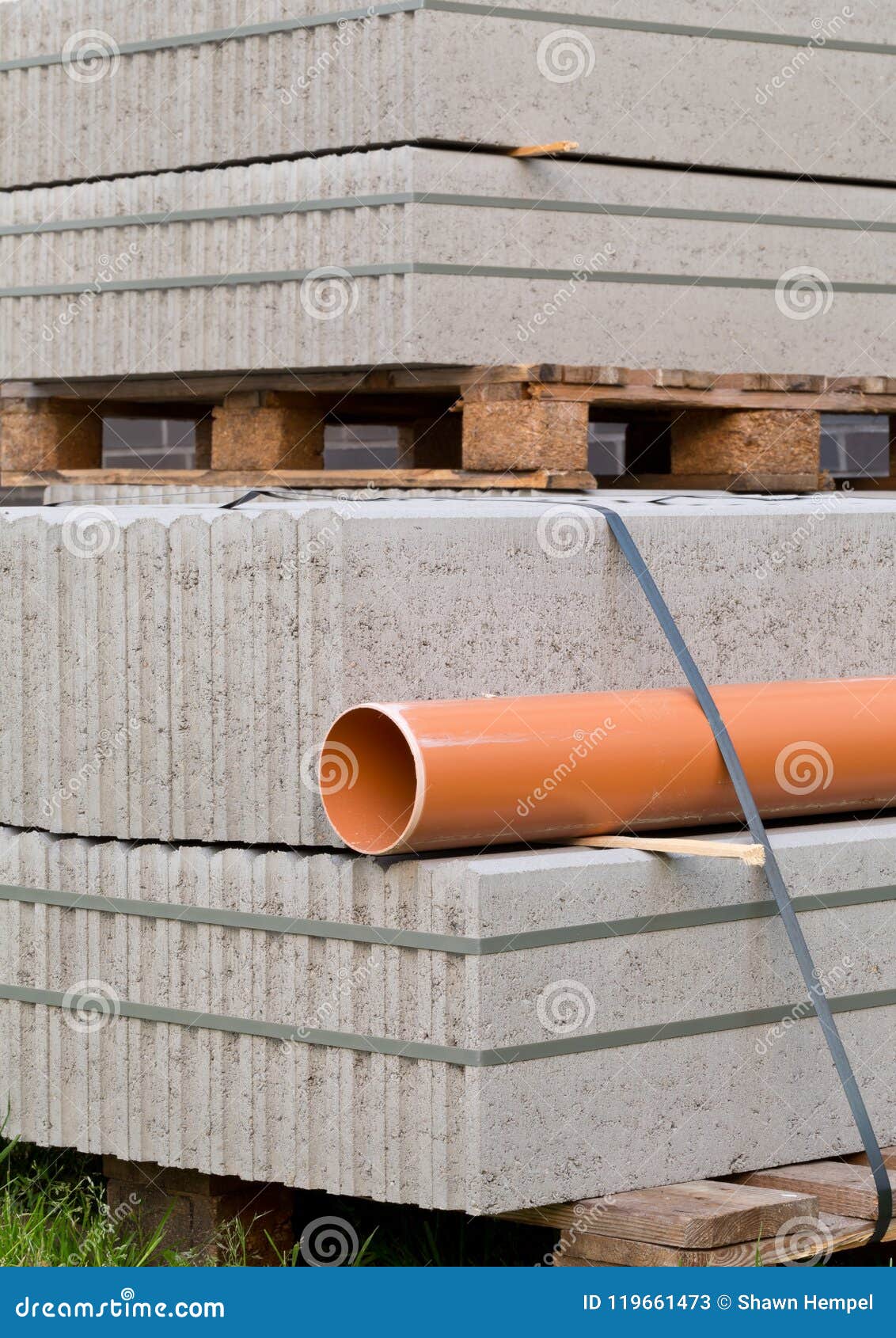 Concrete Blocks and Plastic Pvc Sewage Pipe on Palette on Construction ...