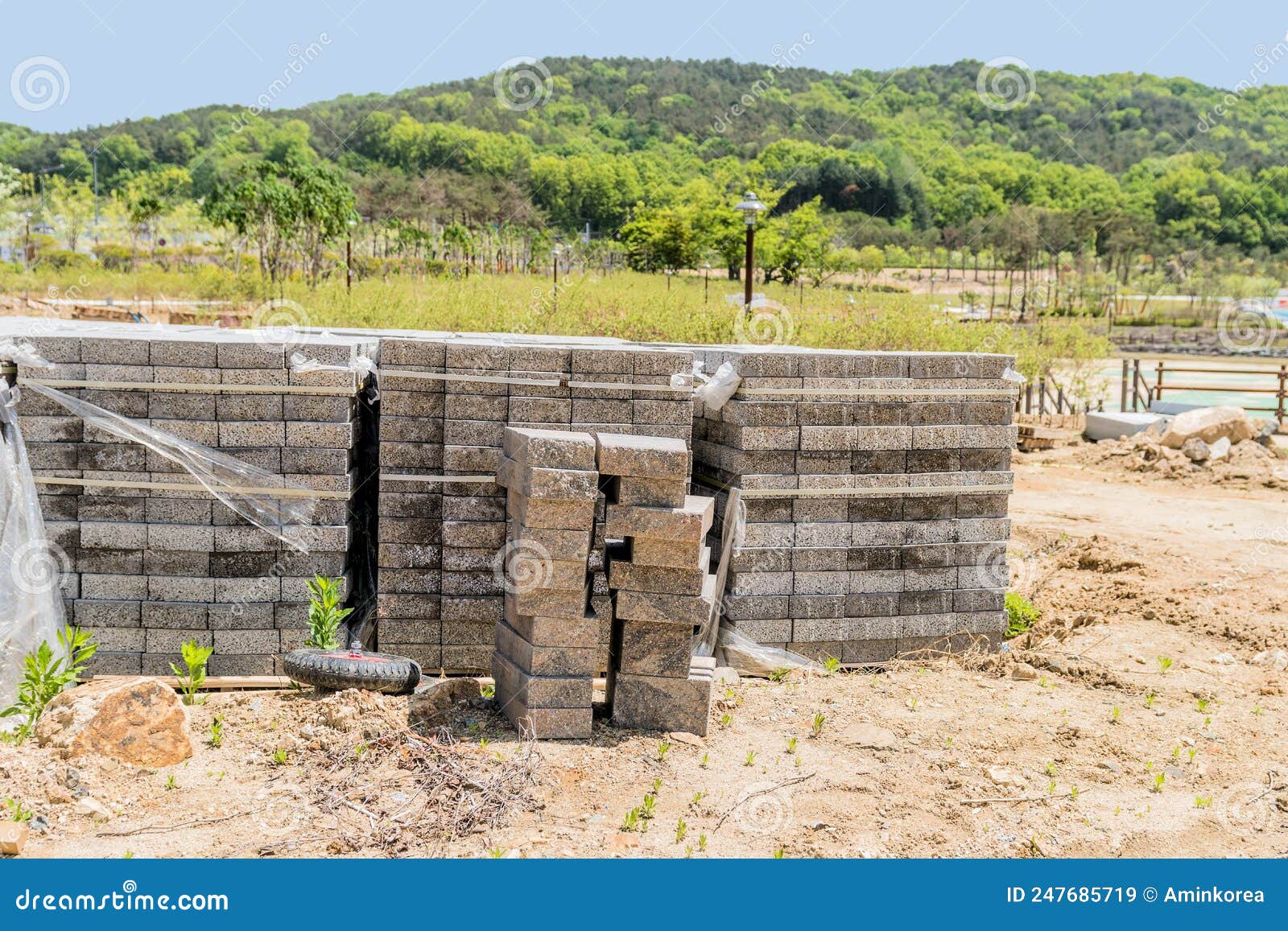 Concrete bricks in bundles stock image. Image of pile - 247685719