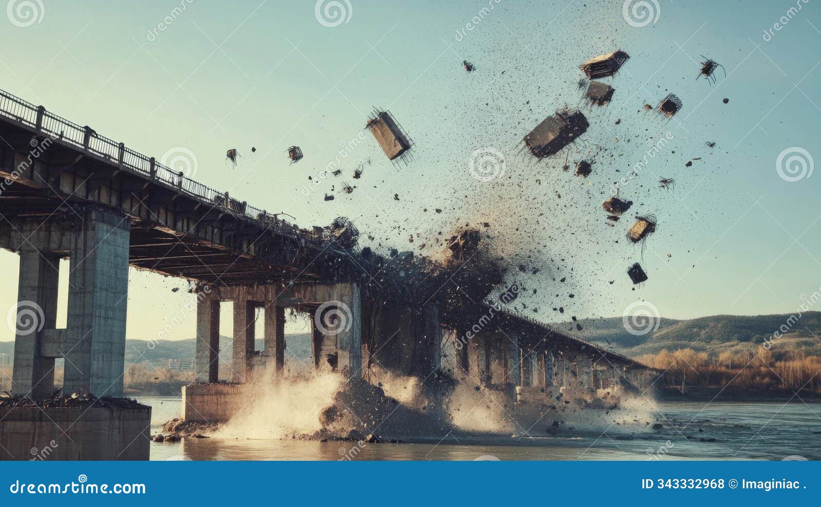 Concrete Bridge Collapsing into River with Debris Falling Stock ...
