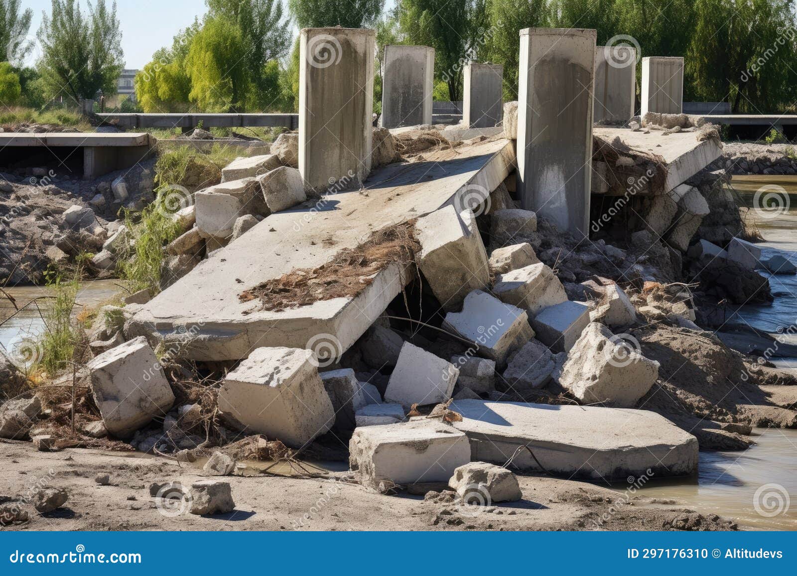 Concrete Bridge Pillars Surrounded by Broken Slabs and Rubble Stock ...