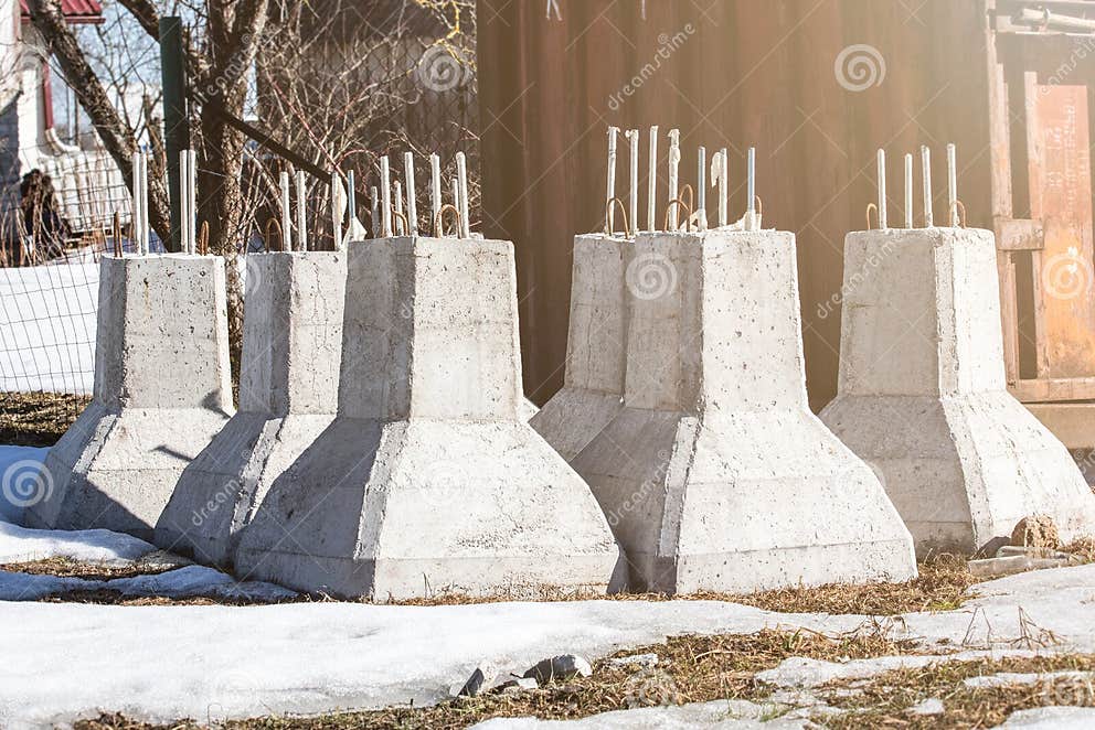 Concrete Column Foundations Stacked at the Construction Site Stock ...