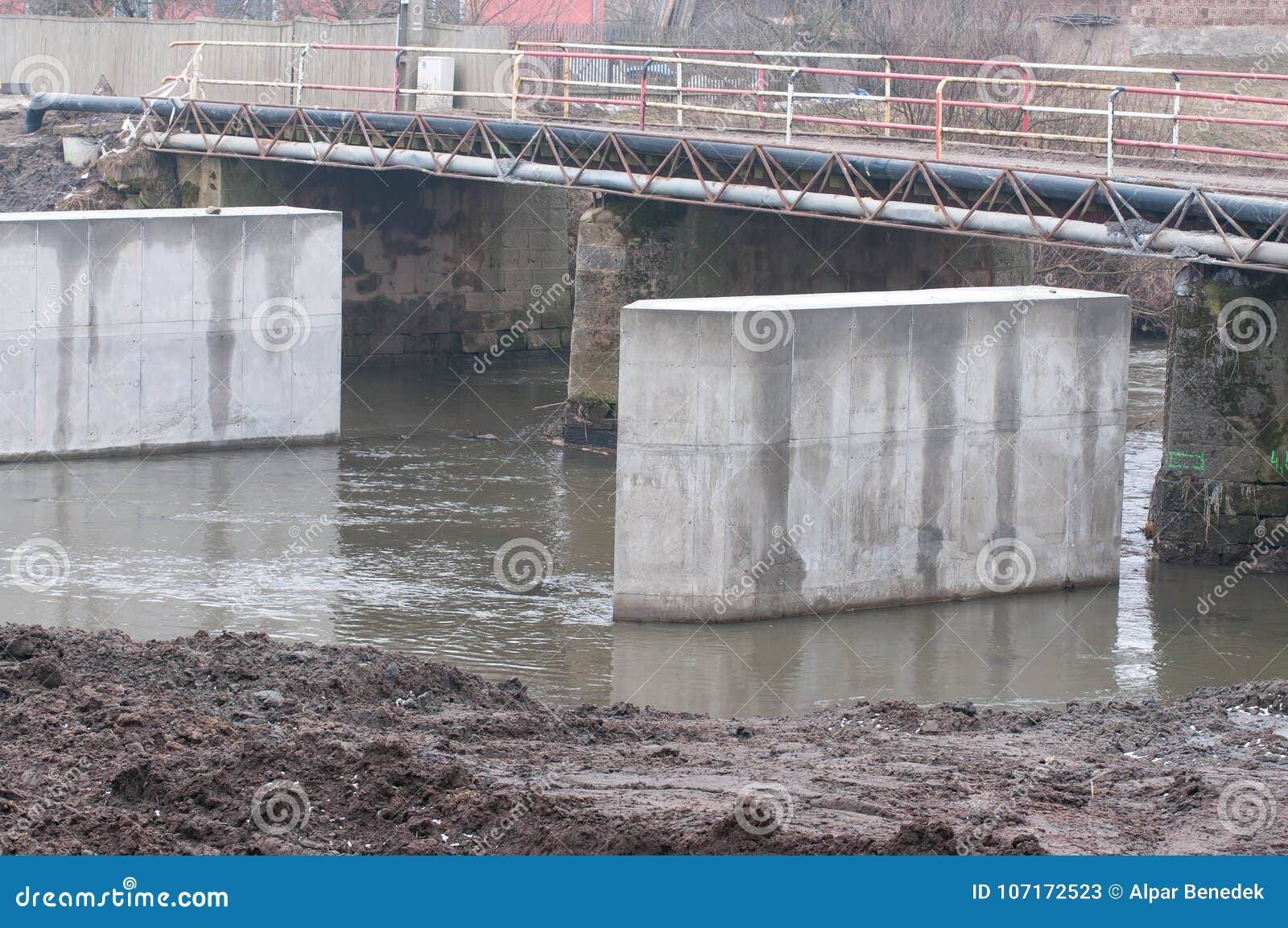 Concrete Columns in the Water, Bridge Construction on the Olt River ...