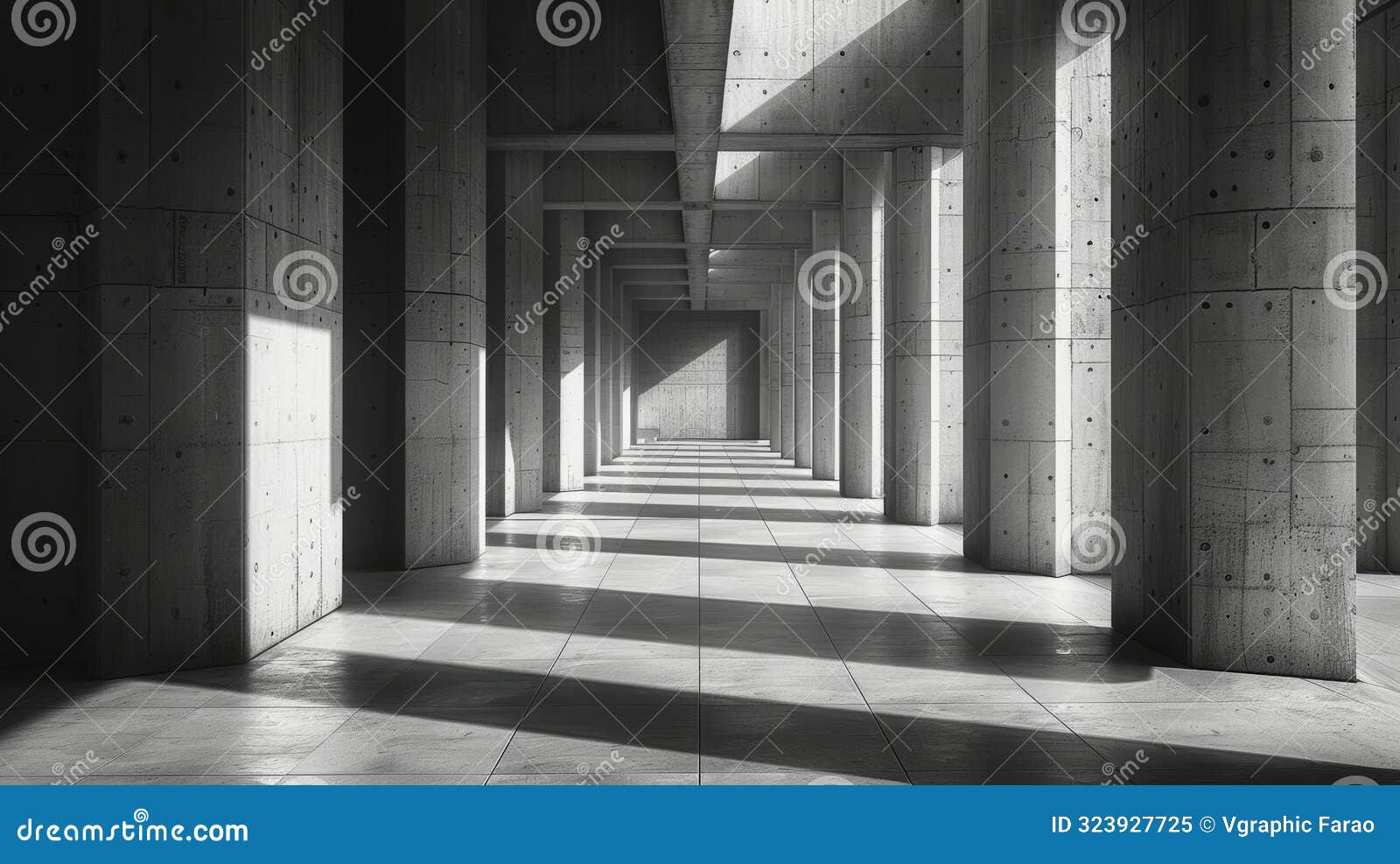 Concrete Corridor with Tall Pillars, Symmetrical Architecture ...