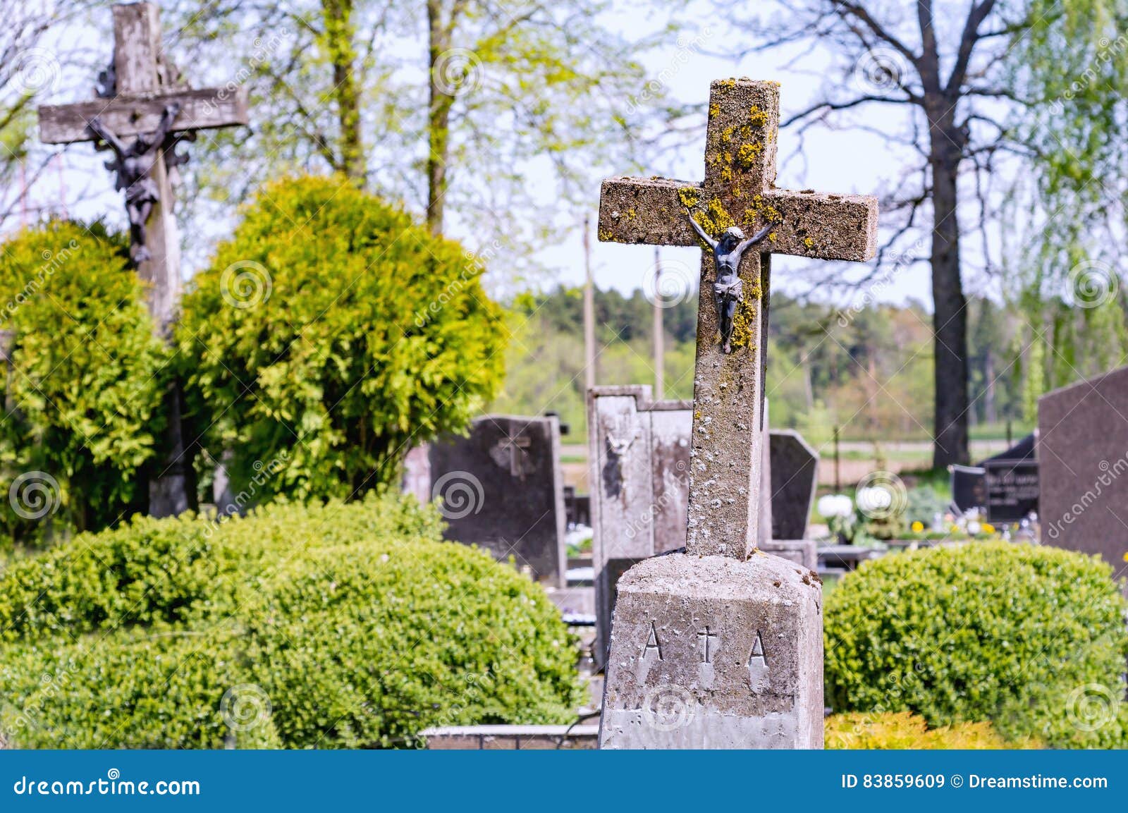 Concrete Cross with Crucifix in Cemetery in Summer Stock Image - Image ...