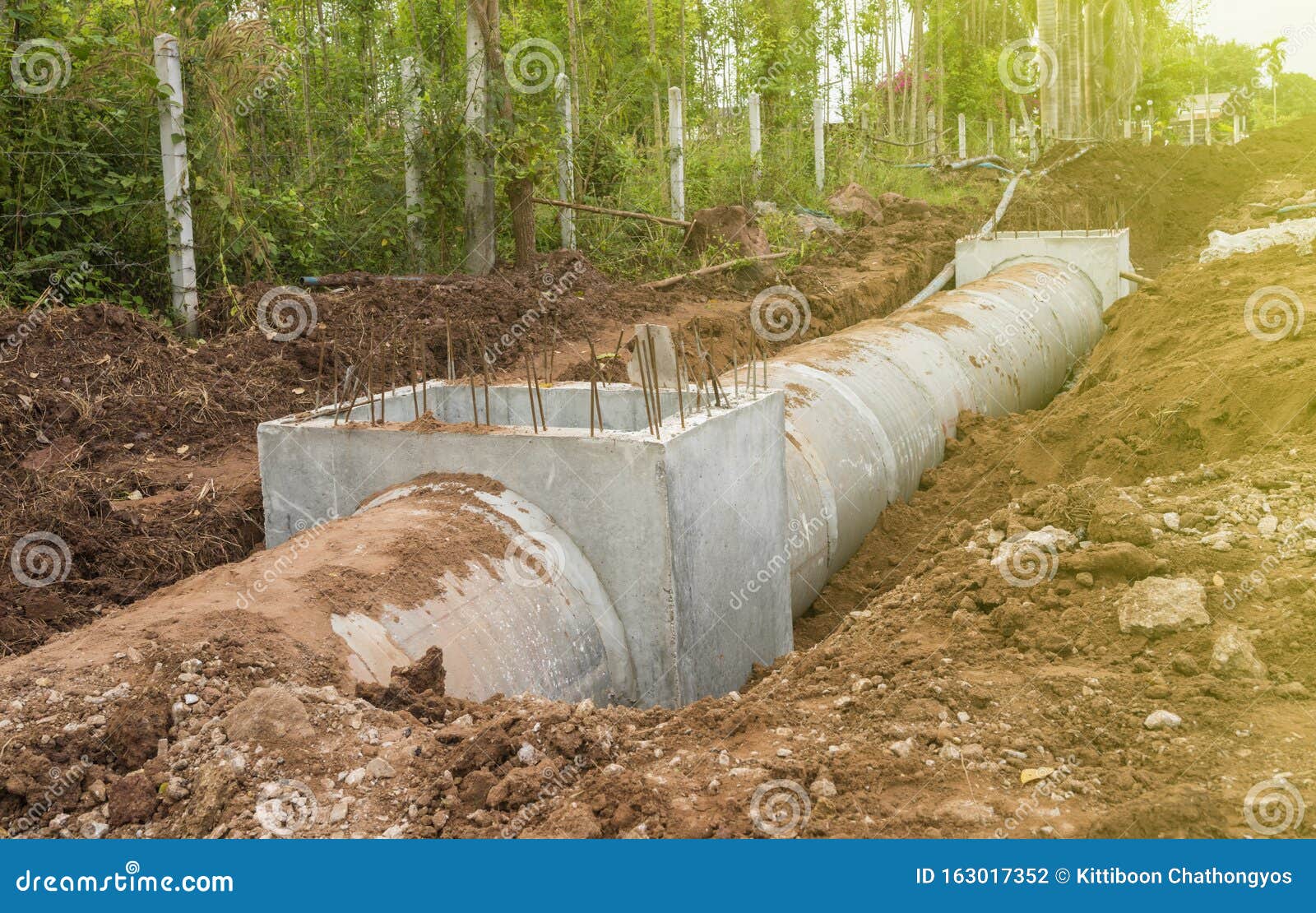 Concrete Culvert Drainage Water Row on a Construction Site .Concrete ...
