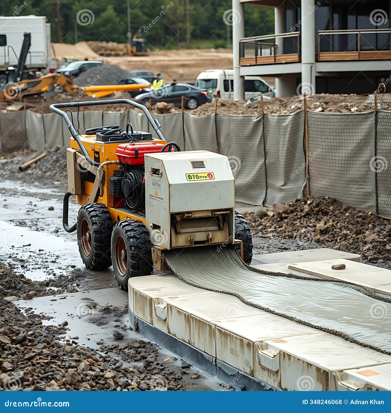 A Concrete Curb Machine Moving Slowly with Wet Concrete Pouring Out at ...