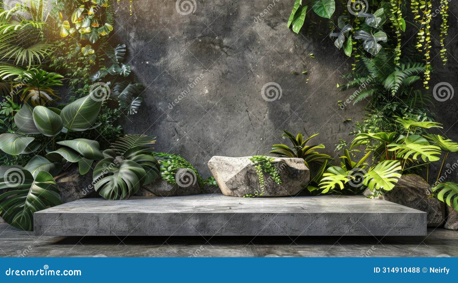 Concrete Display Stand with Greenery Stock Photo - Image of stand ...