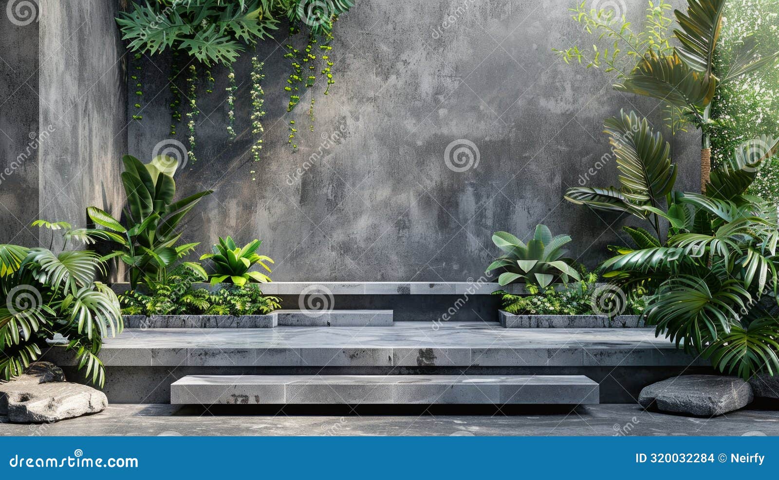 Concrete Display Stand with Greenery Stock Photo - Image of flower ...