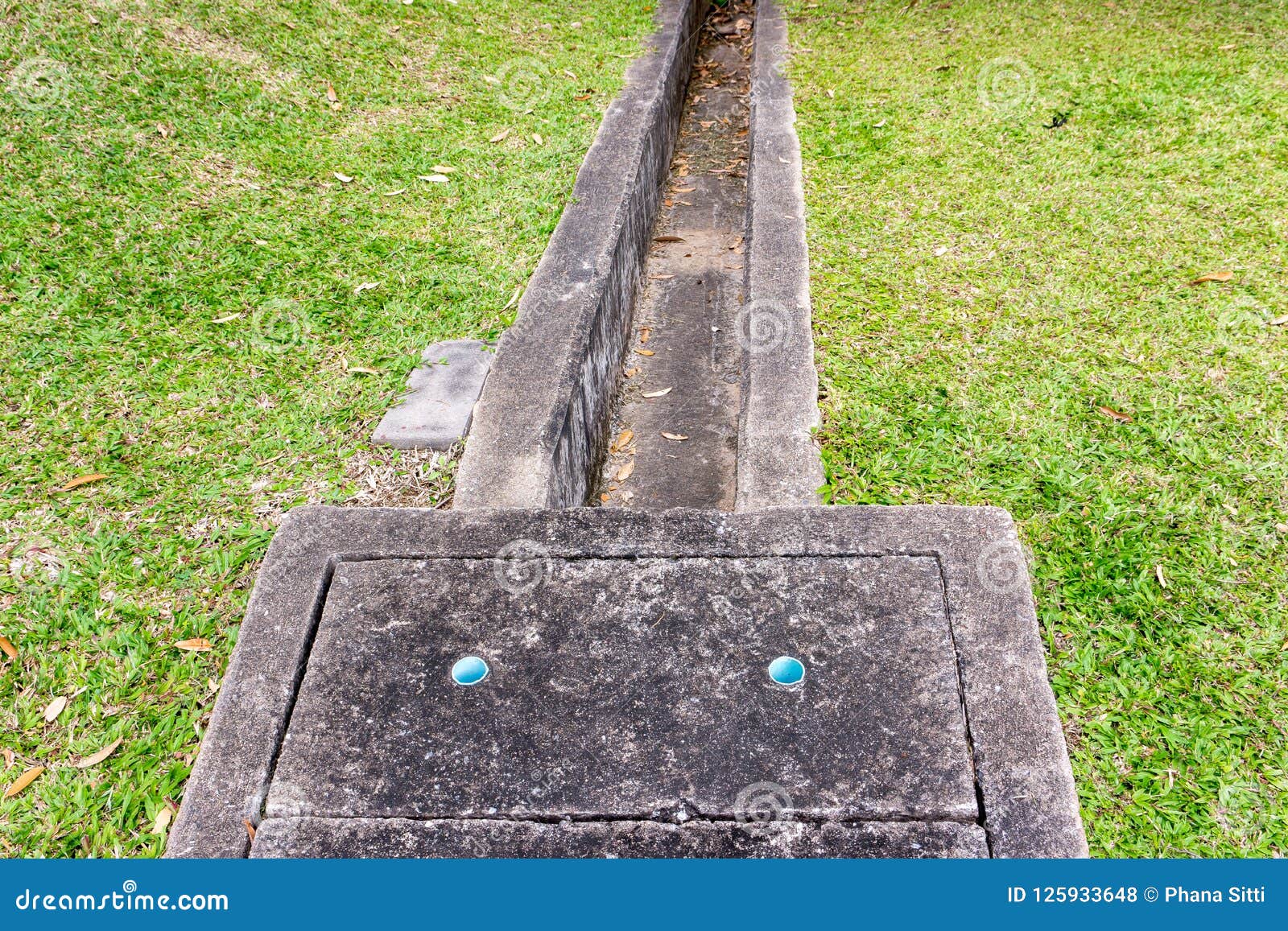 The Concrete Drainage Tank and Gutter beside Lawns Stock Photo - Image ...