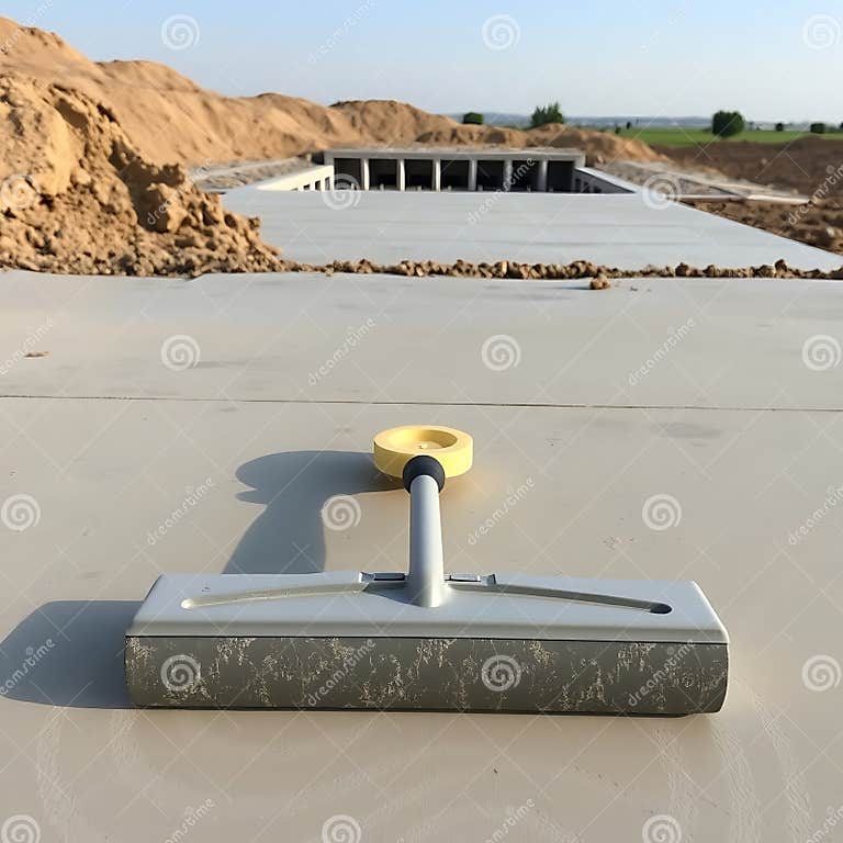 A Concrete Float Tool on a Smooth Concrete Surface with a Partially Completed Foundation in the ...