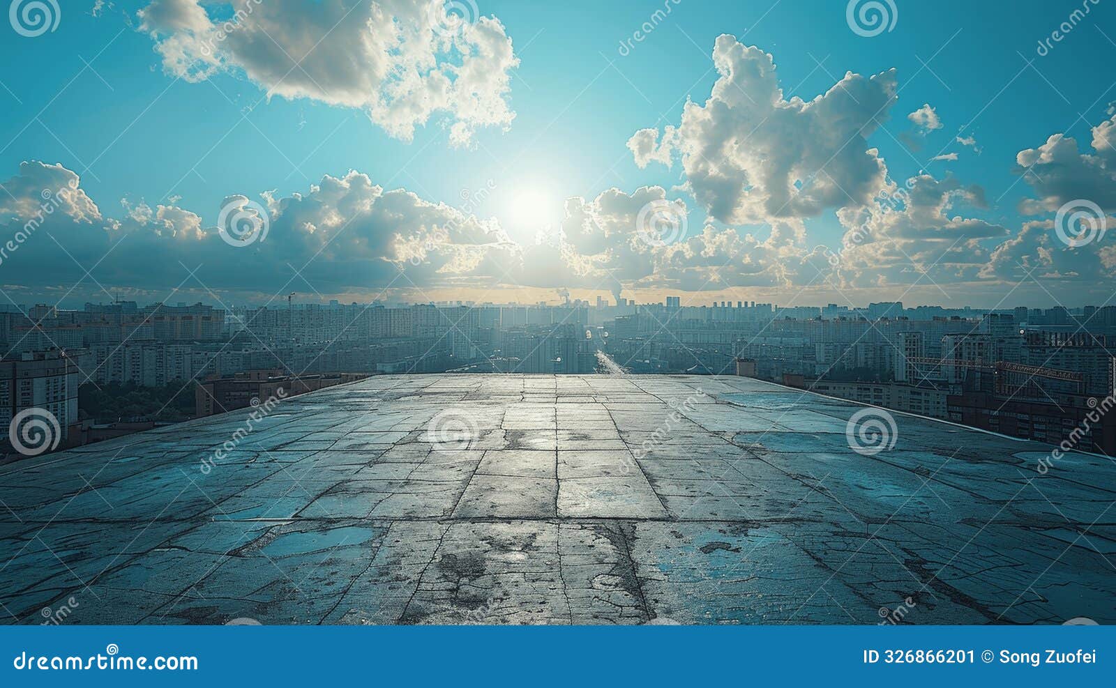 Concrete Floor and Blue Sky, Rooftop Terrace Overlooking Cityscape with ...