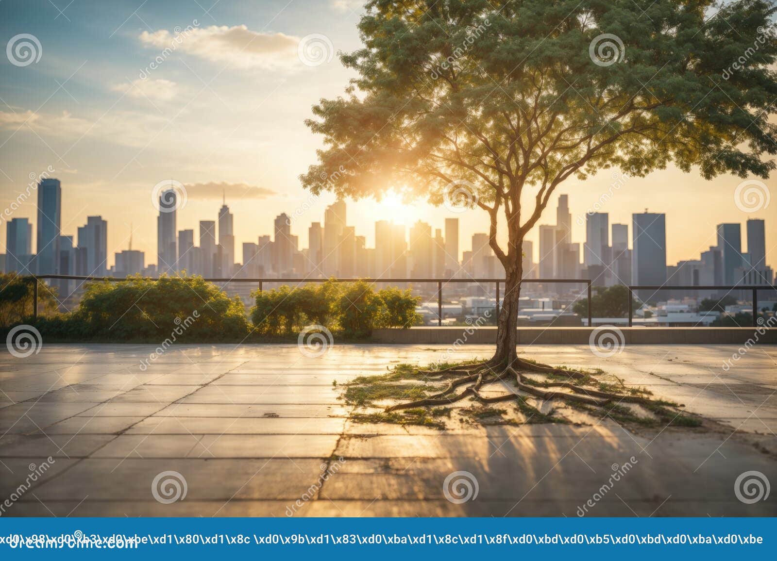 Concrete Floor with Tree and City Skyline Background. Ai Generative ...