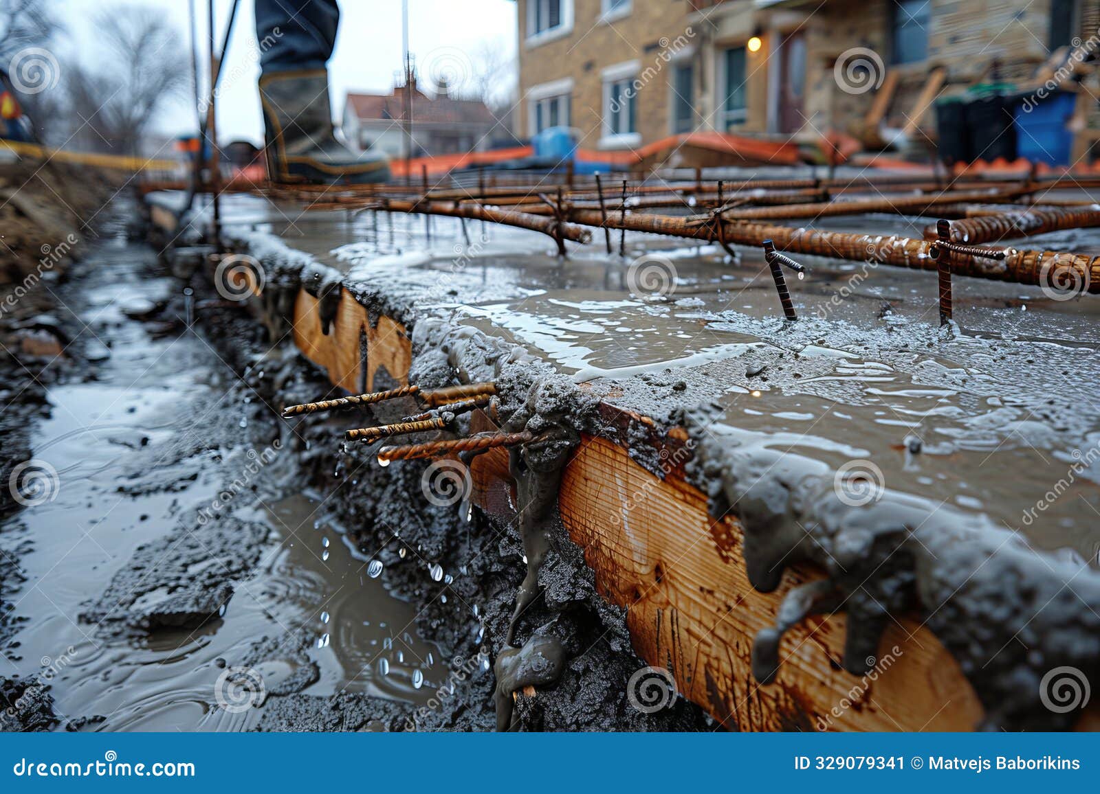 Concrete Foundation Pouring Worker Pours Concrete into the Foundation ...
