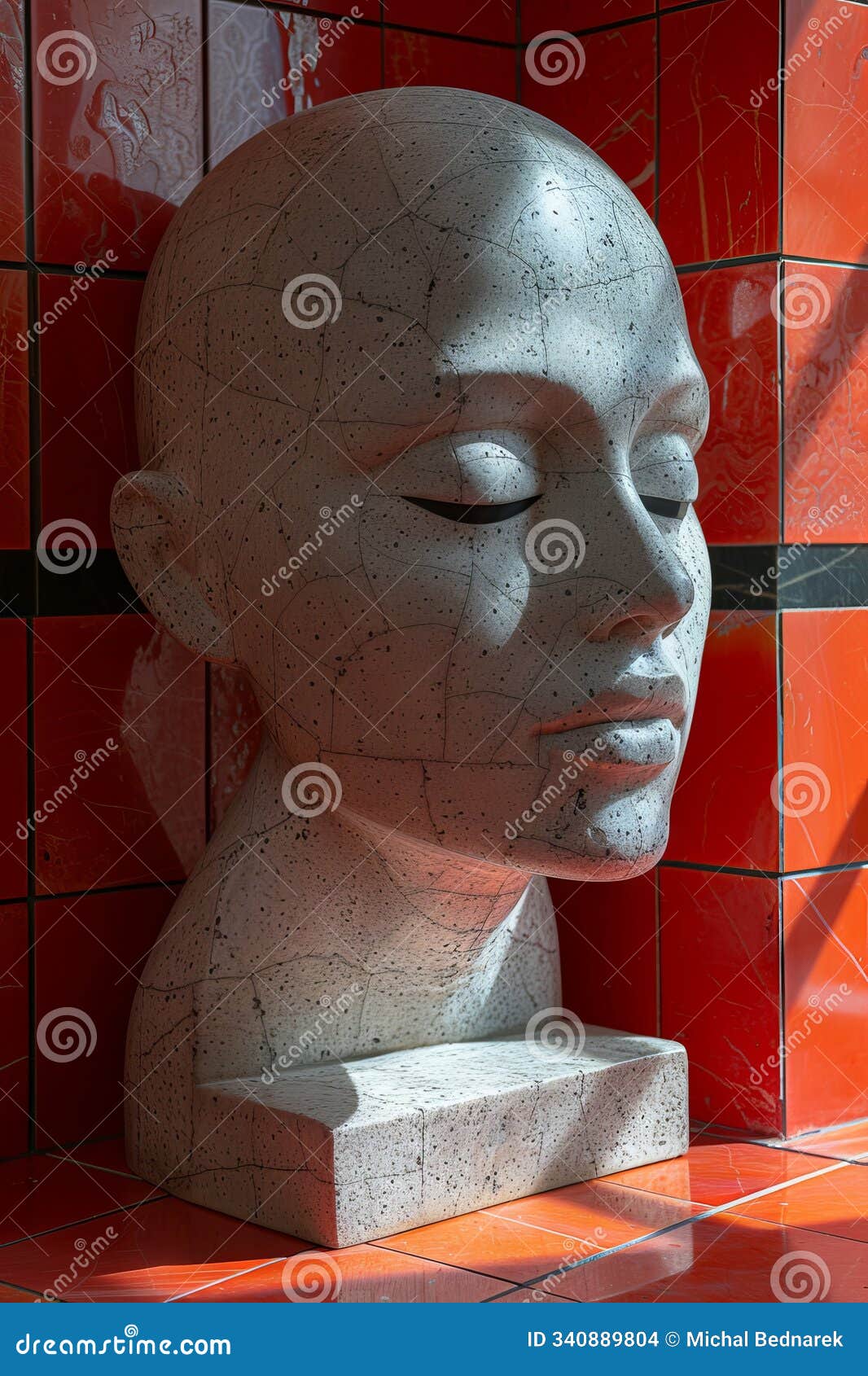 Concrete Head Sculpture in Red Tile Setting Stock Photo - Image of head ...
