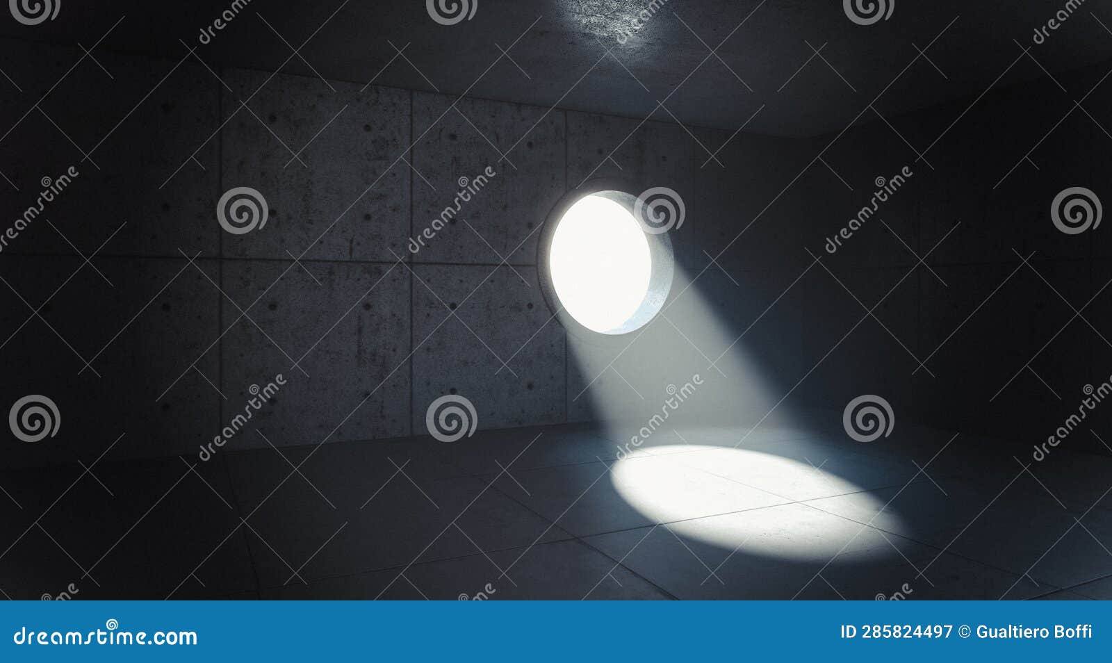Concrete Interior with Circular Window through Which Beams of Light ...