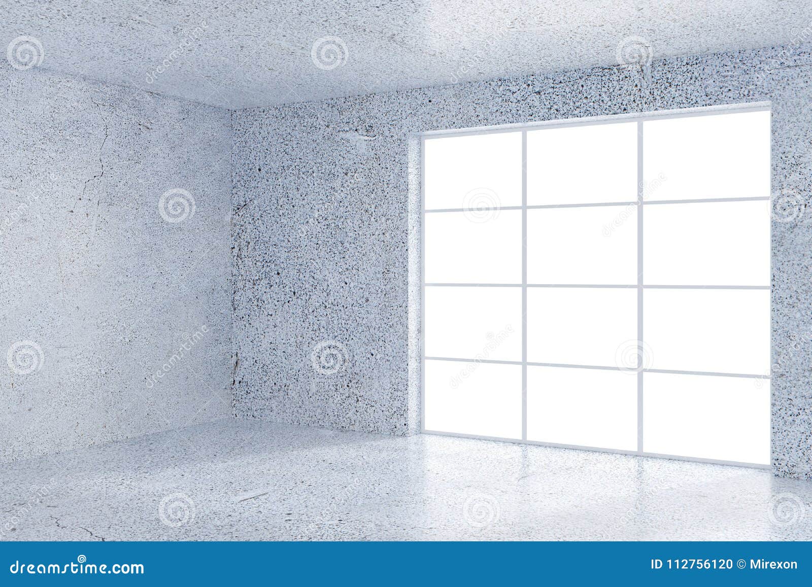 Concrete Interior with Empty Wall, Ceiling with Windows and Sunlight ...