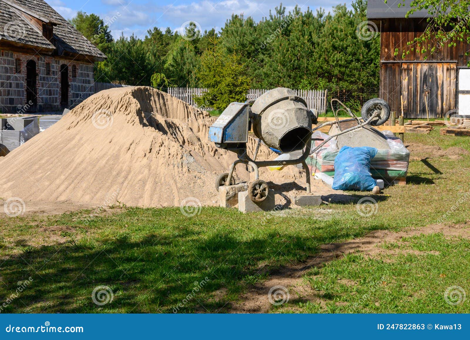 Construction Site Cement Mixer Machine, Tools and Sand Stock Image ...