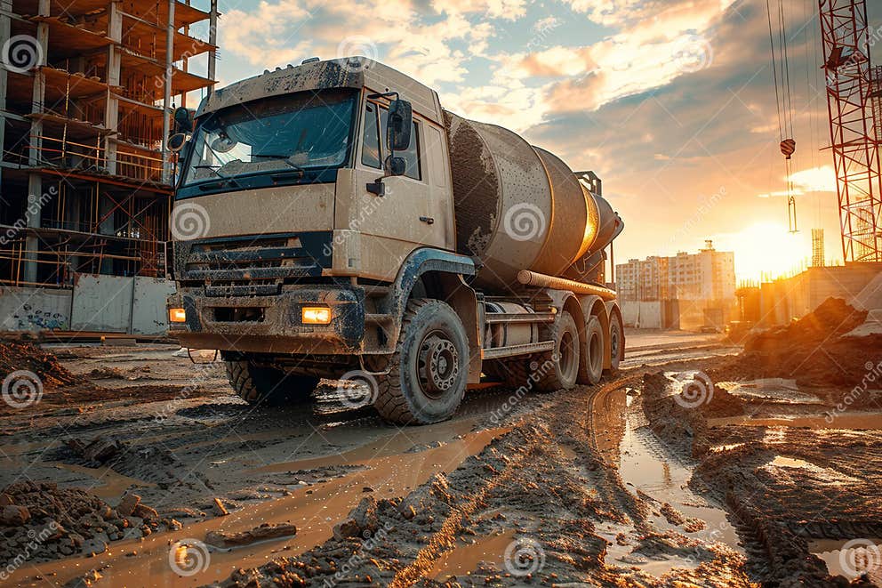 Concrete Mixer Truck Unloading Fresh Concrete Onto a Construction Site ...