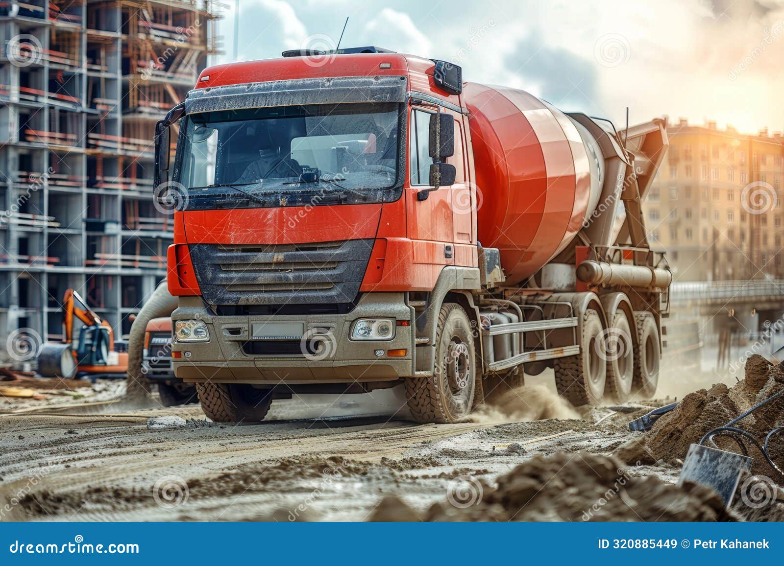 Concrete Mixer Truck Unloading Fresh Concrete Onto a Construction Site ...