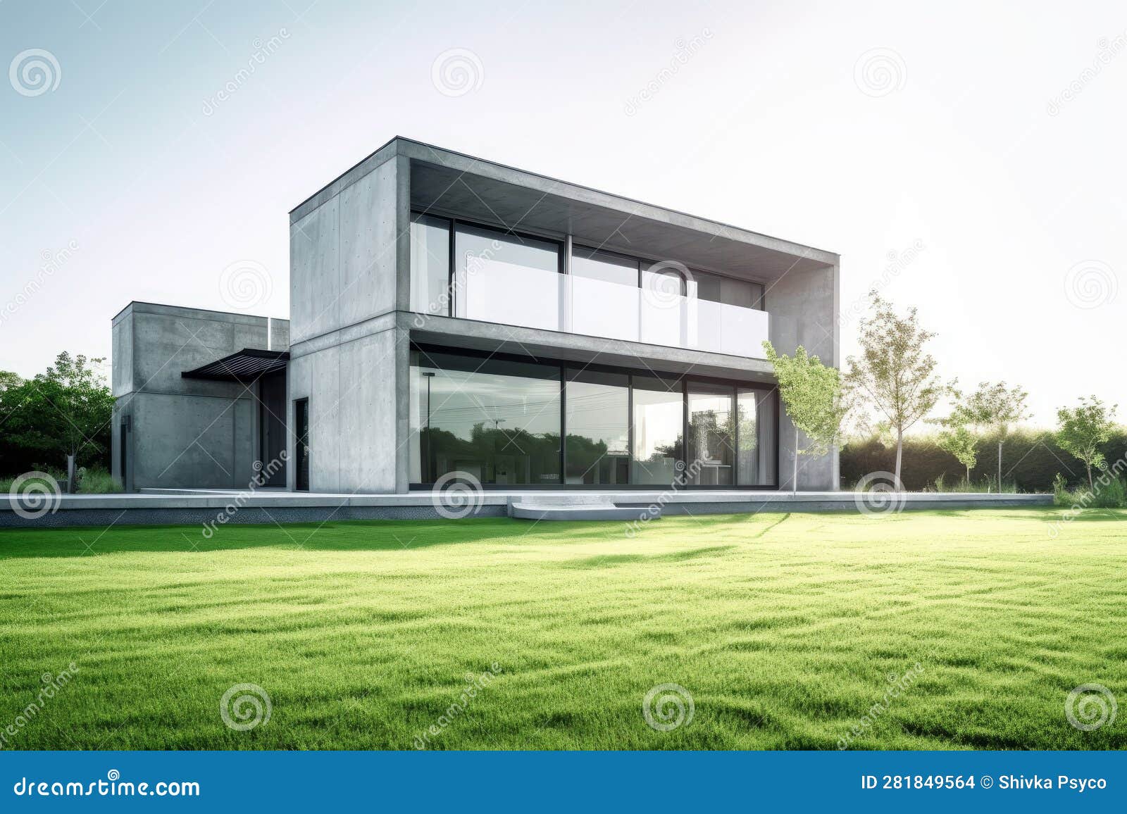 A Concrete Modern House on a Grassy Beautiful Area Stock Illustration ...