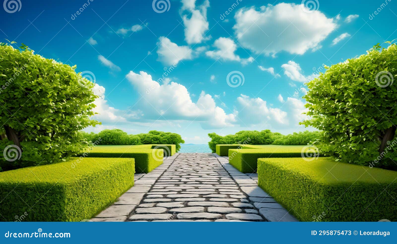 Concrete Path With Green Hedges Trimmed In The Shape Of A Square On A ...