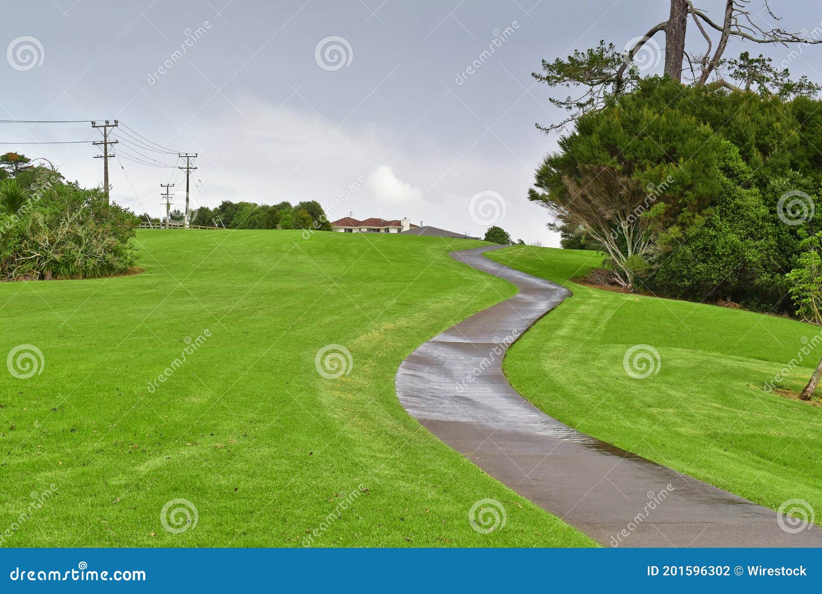 Concrete Pathway and Green Field Stock Photo - Image of stone, wall ...