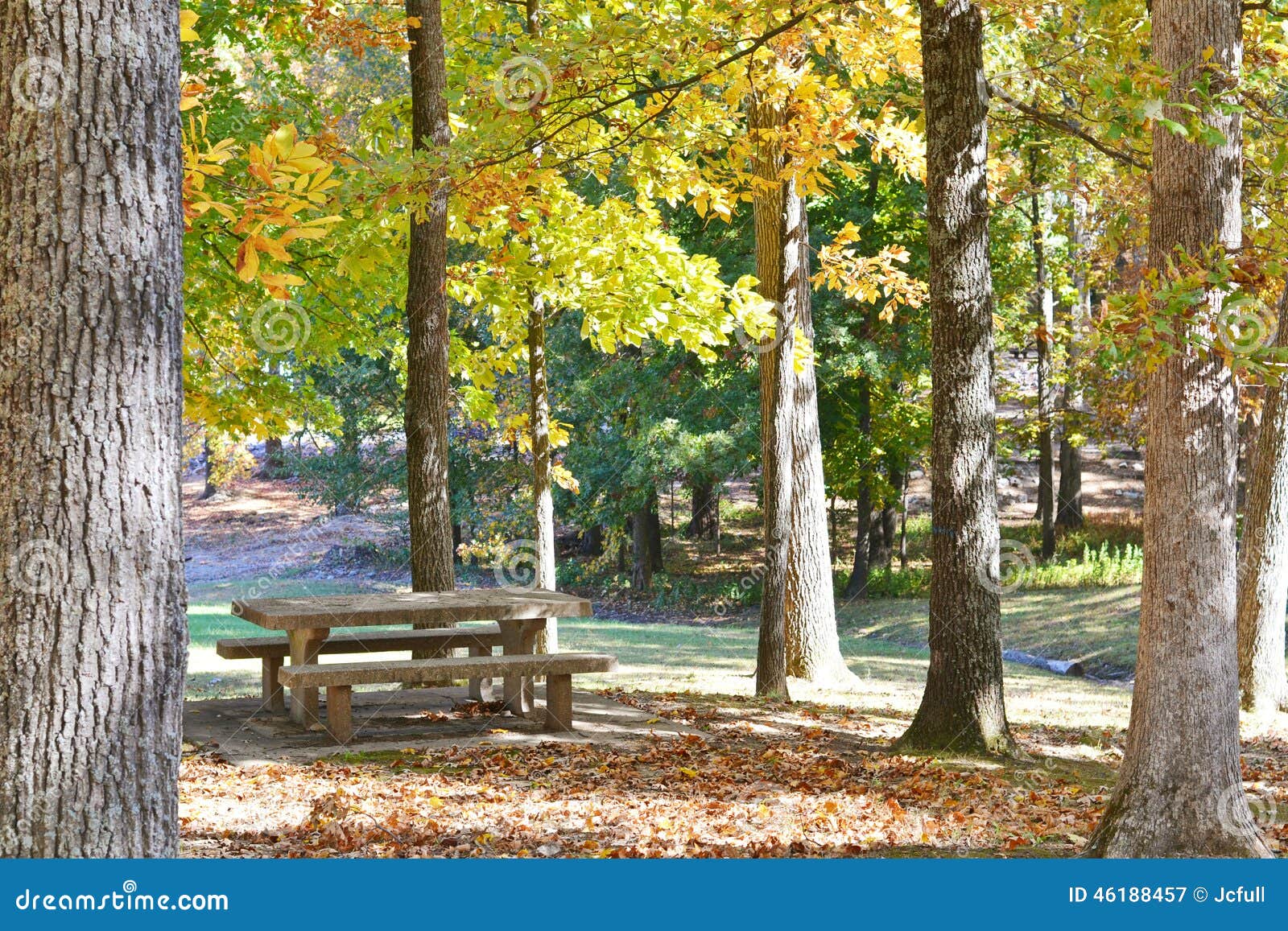 Concrete Picnic Table in Fall Stock Image - Image of barbeque, tranquil ...