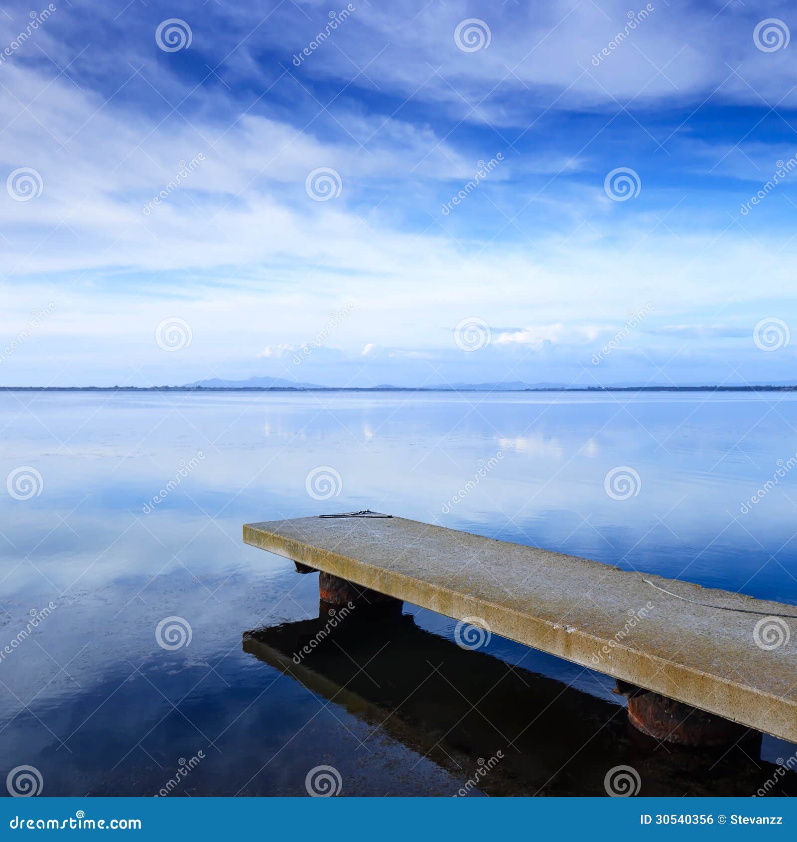 Concrete Pier or Jetty and on a Blue Lake and Sky Reflection on Water ...