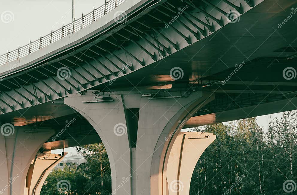Concrete Pillars of a Large Bridge. Bottom View Stock Photo - Image of ...