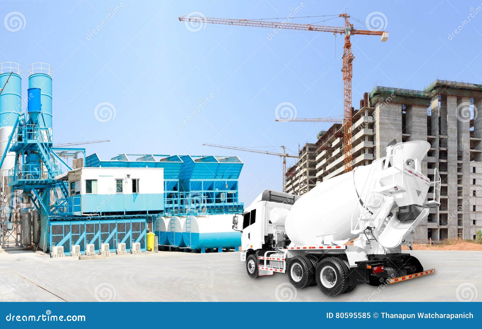 Concrete Plant and a Cement Delivery Lorry at Construction Site Stock ...