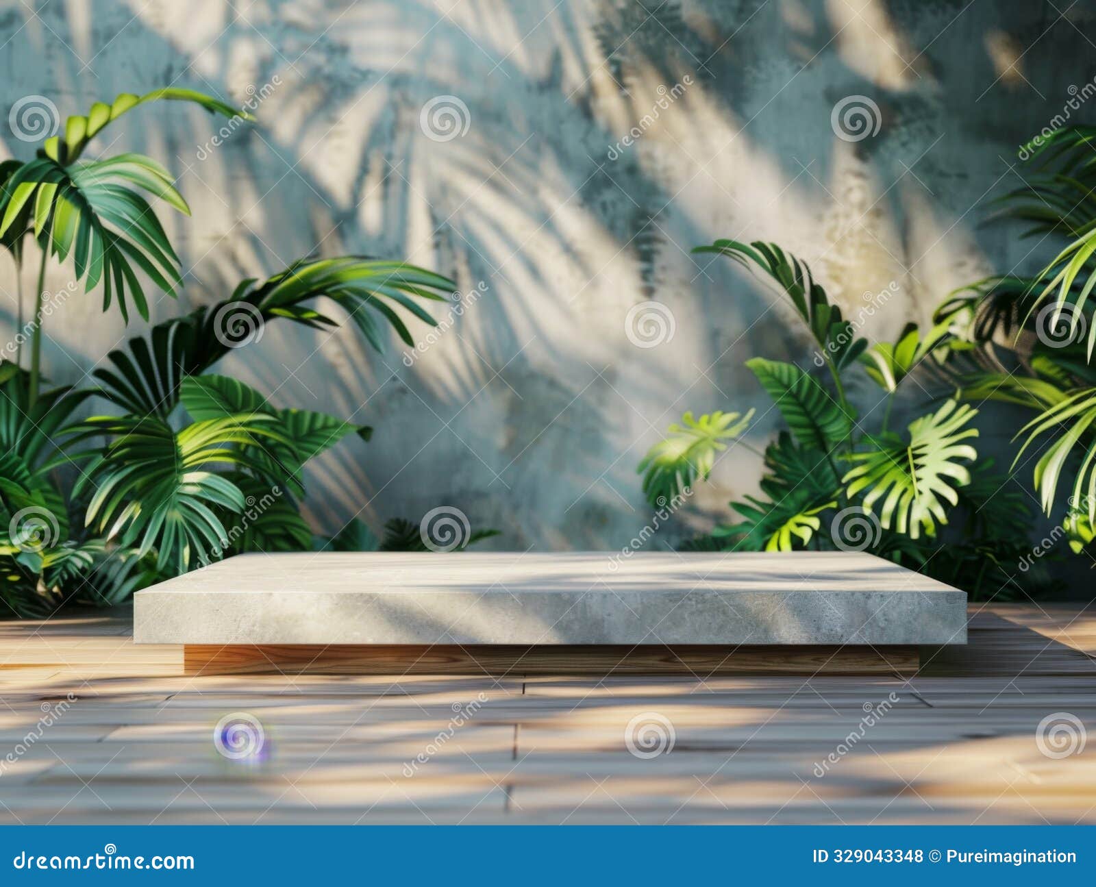Concrete Platform with Tropical Foliage and a Concrete Wall Background ...