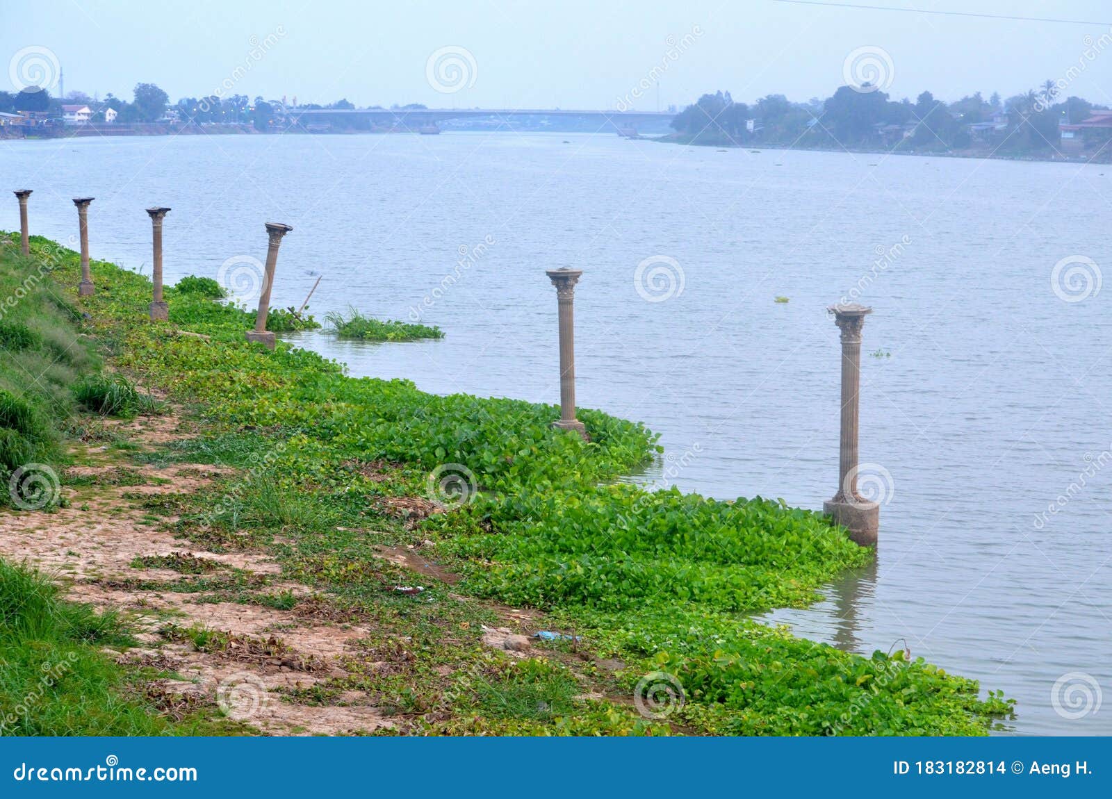 Concrete Poles on the River. Stock Photo - Image of green, banks: 183182814