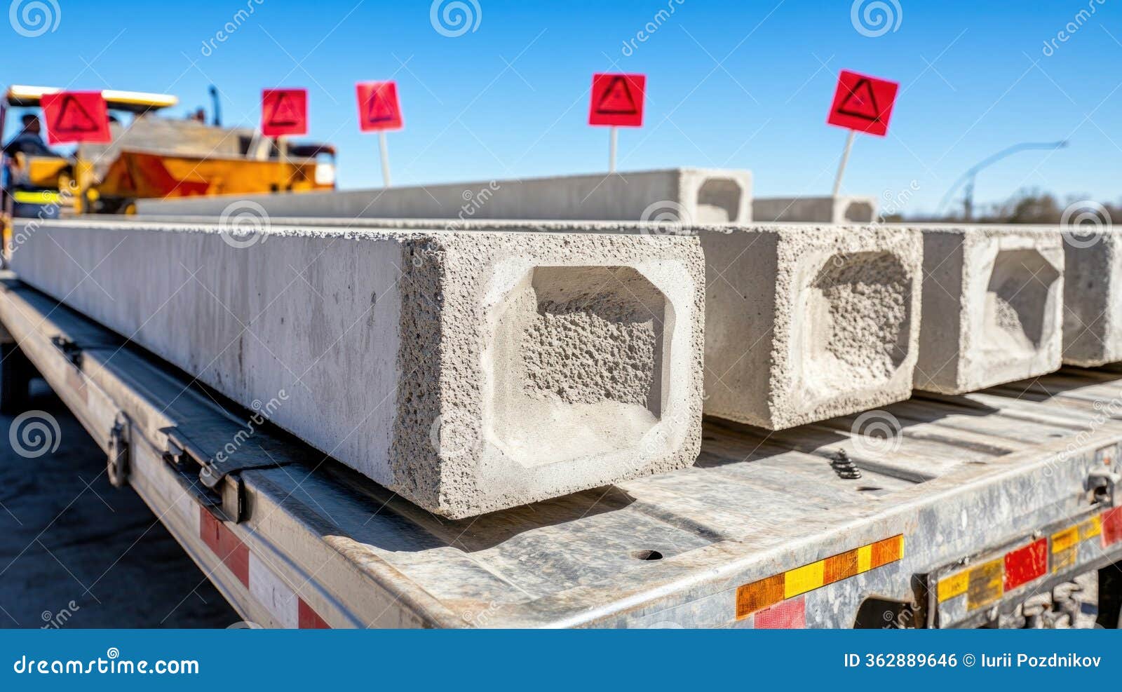 Concrete Posts Waiting for Unloading from Flatbed Trailer at ...