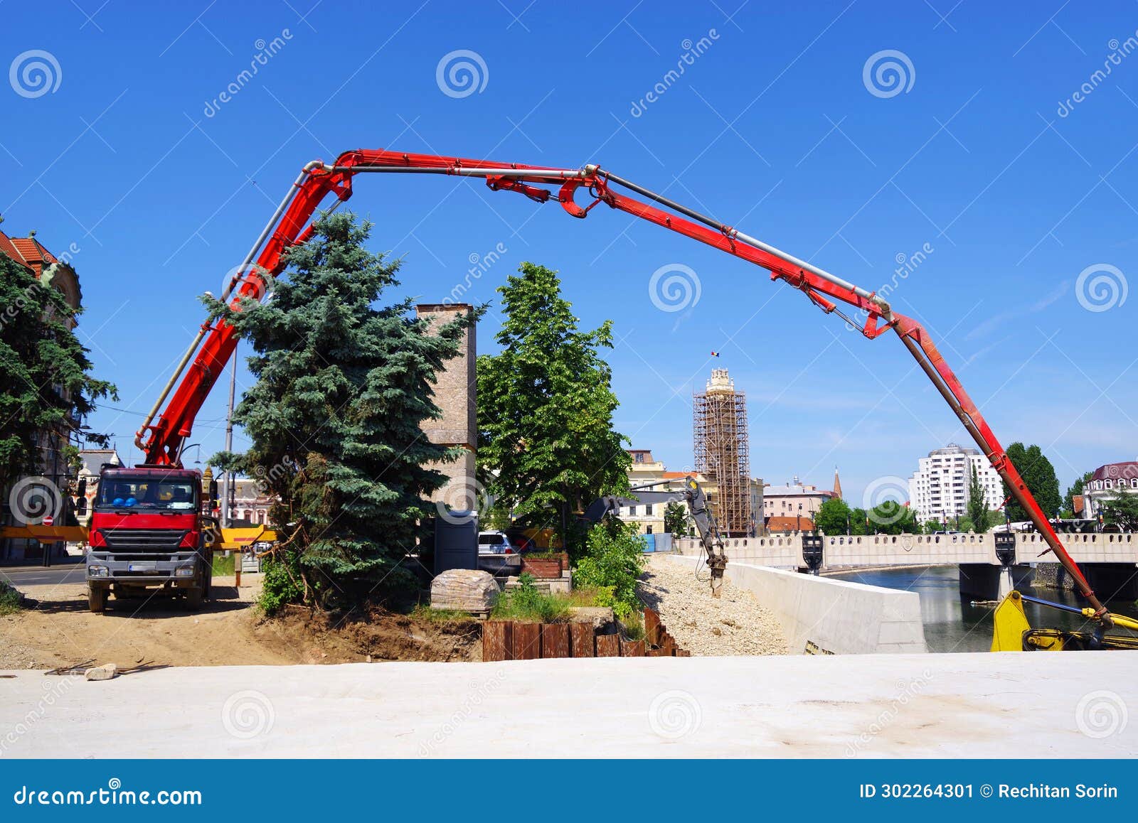 Boom Concrete Pump on the Bank of the River Crisul Repede in Oradea ...
